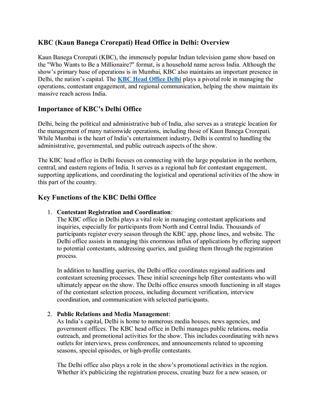 KBC (Kaun Banega Crorepati) Head Office Delhi: Overview | PDF | Office Property | Real Estate