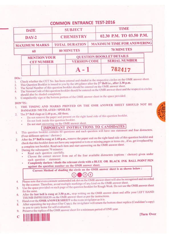 KCET Chemistry - 2016 Question Paper | PDF