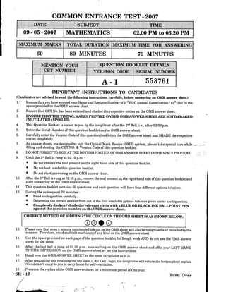 KCET Maths - 2007 Question Paper | PDF