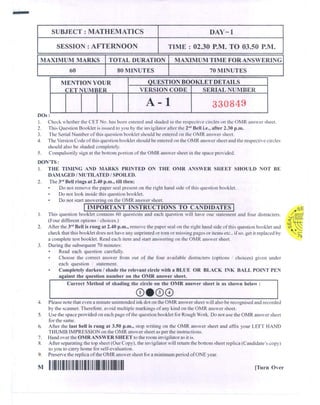 KCET Maths - 2015 Question Paper | PDF