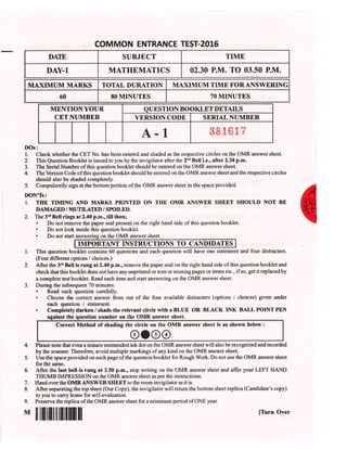 KCET Maths - 2016 Question Paper | PDF