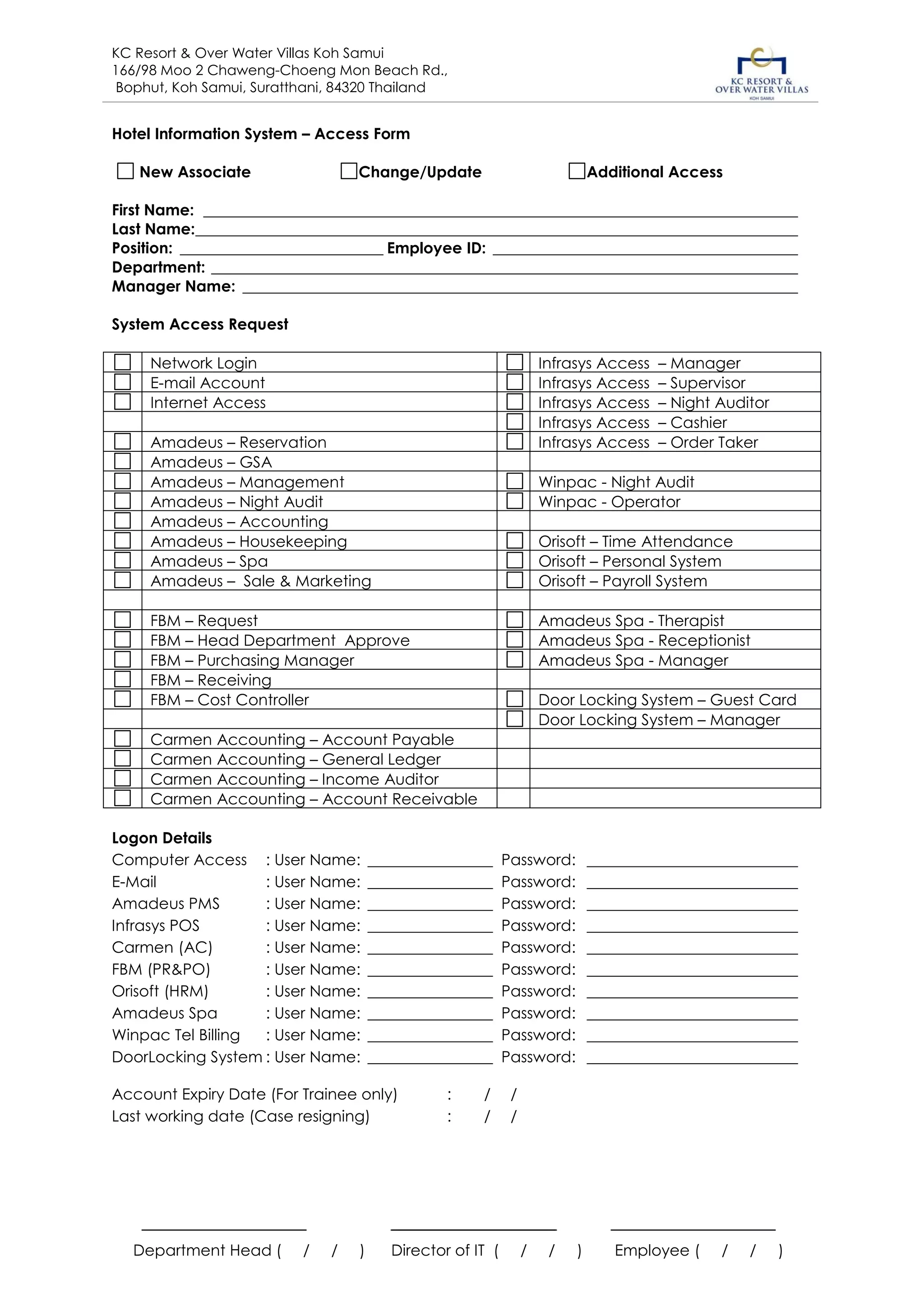 Kc Hotel Information System Request Form | PDF