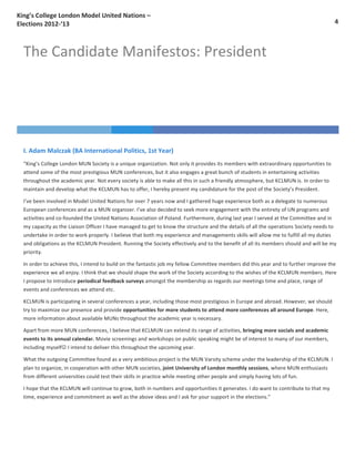 KCL MUN 2012- '13 Elections - Candidate Manifestos | PDF