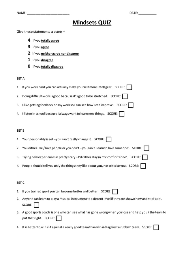 mindsets quiz KC (fixed v growth mindsets - student questionnaire) | PDF