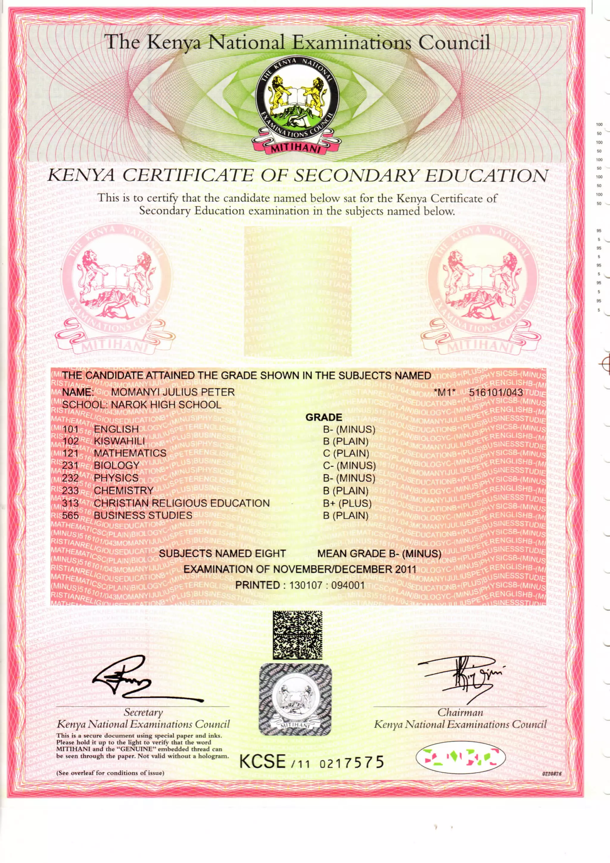 Kcse certificate | PDF