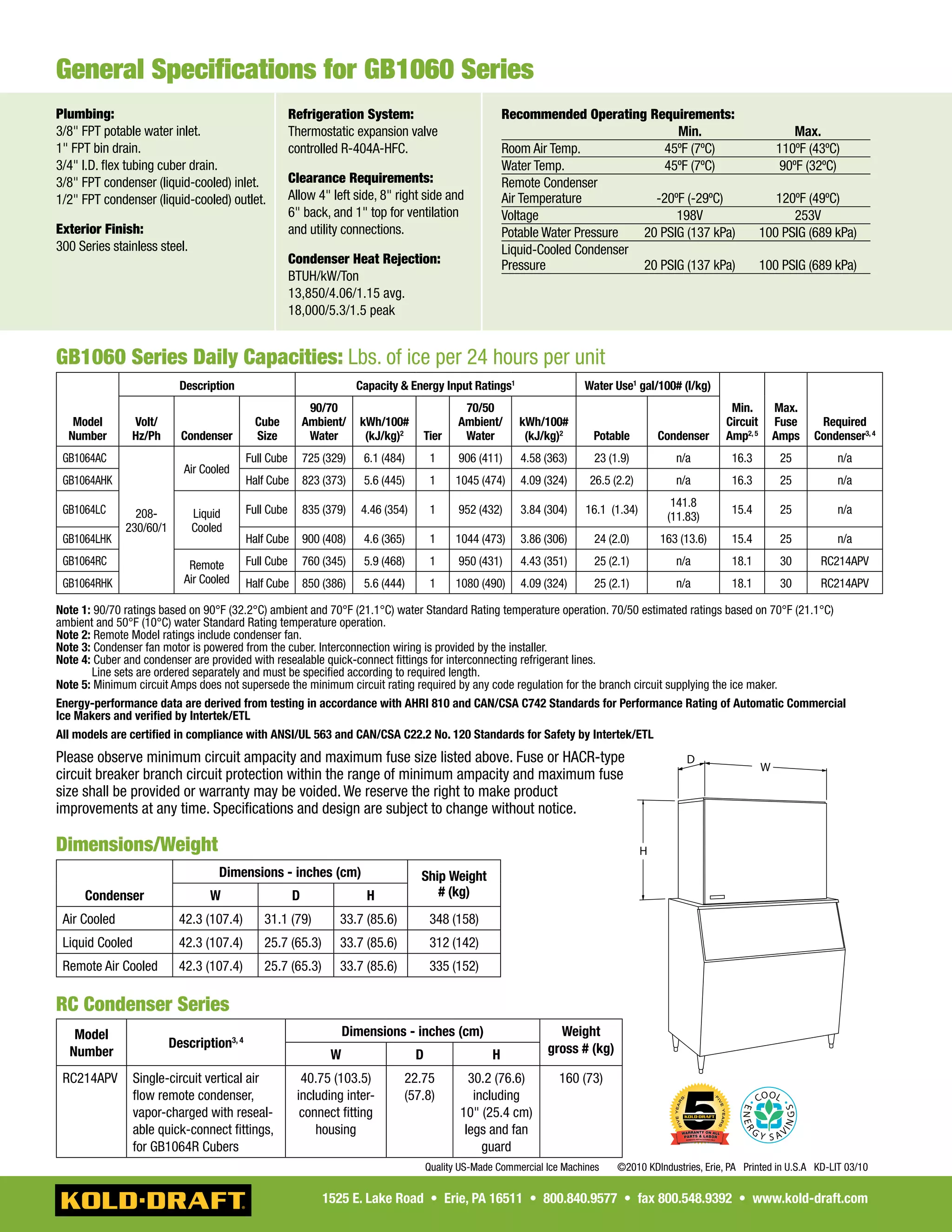 GB1060 KOLD-DRAFT Commercial Ice Machines | PDF