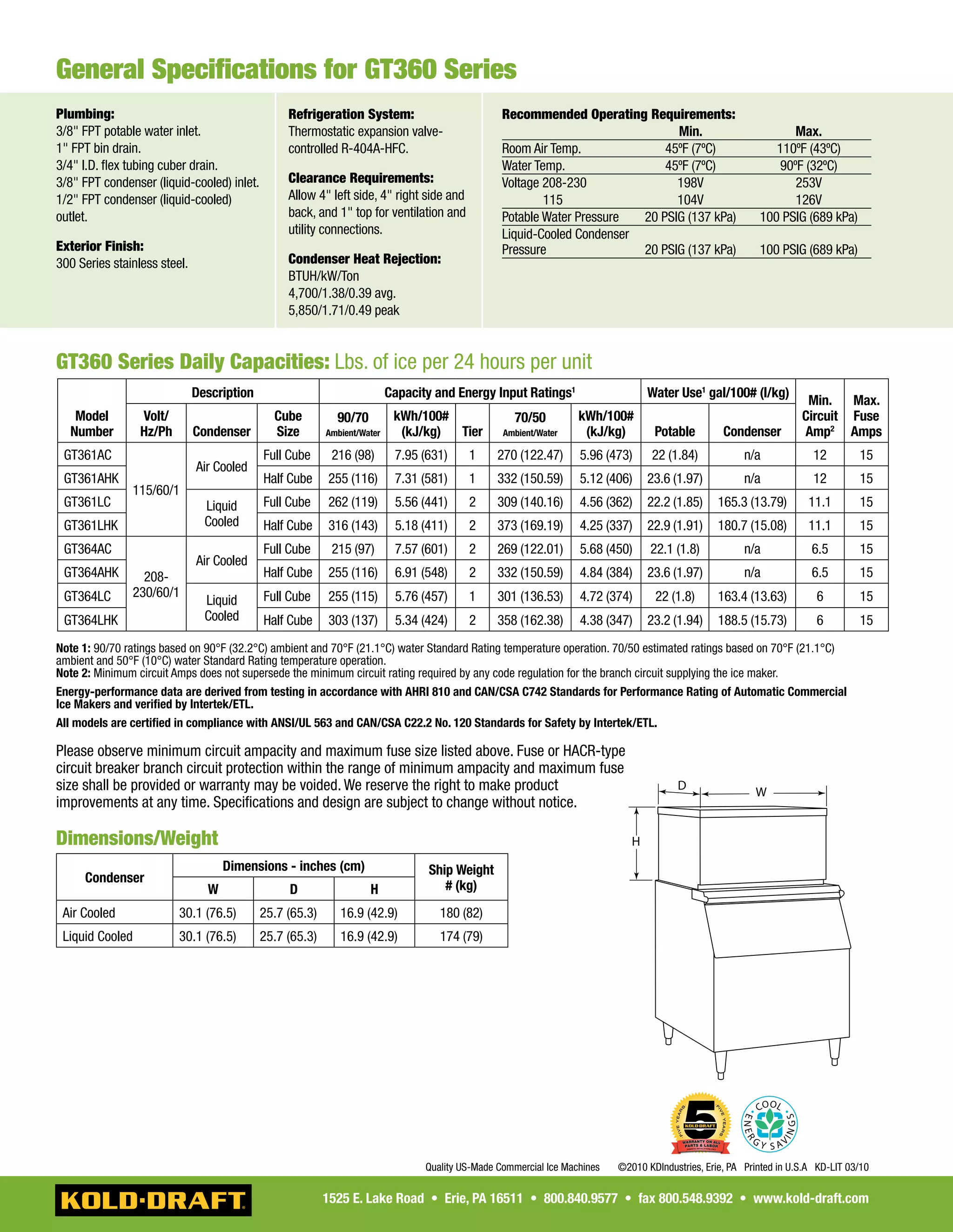 GT360 - KOLD-DRAFT Commercial Ice Machines | PDF