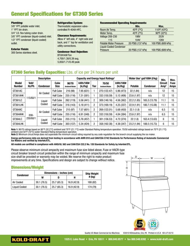 GT360 - KOLD-DRAFT Commercial Ice Machines | PDF