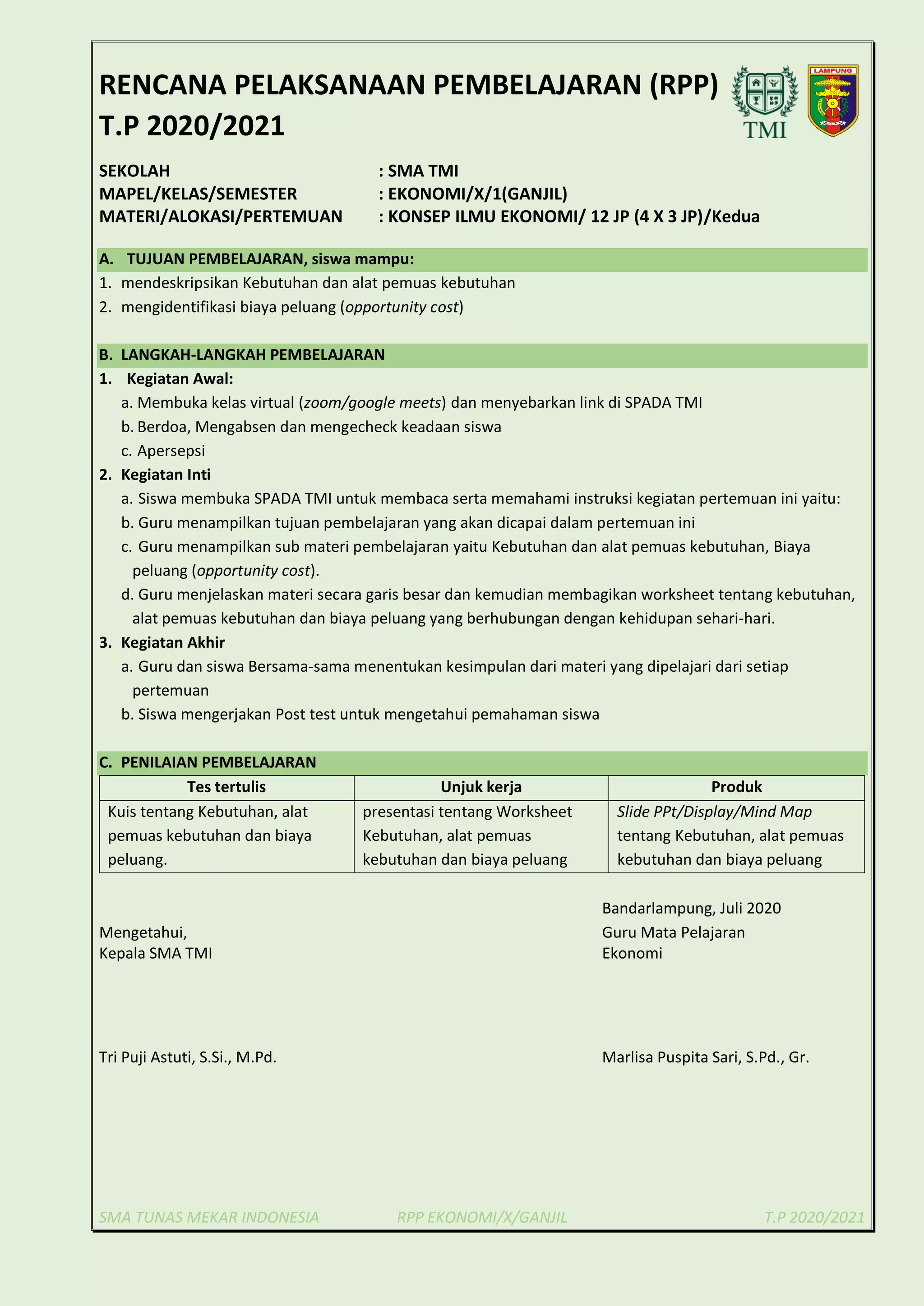 RPP Kd 1 ilmu ekonomi | PDF