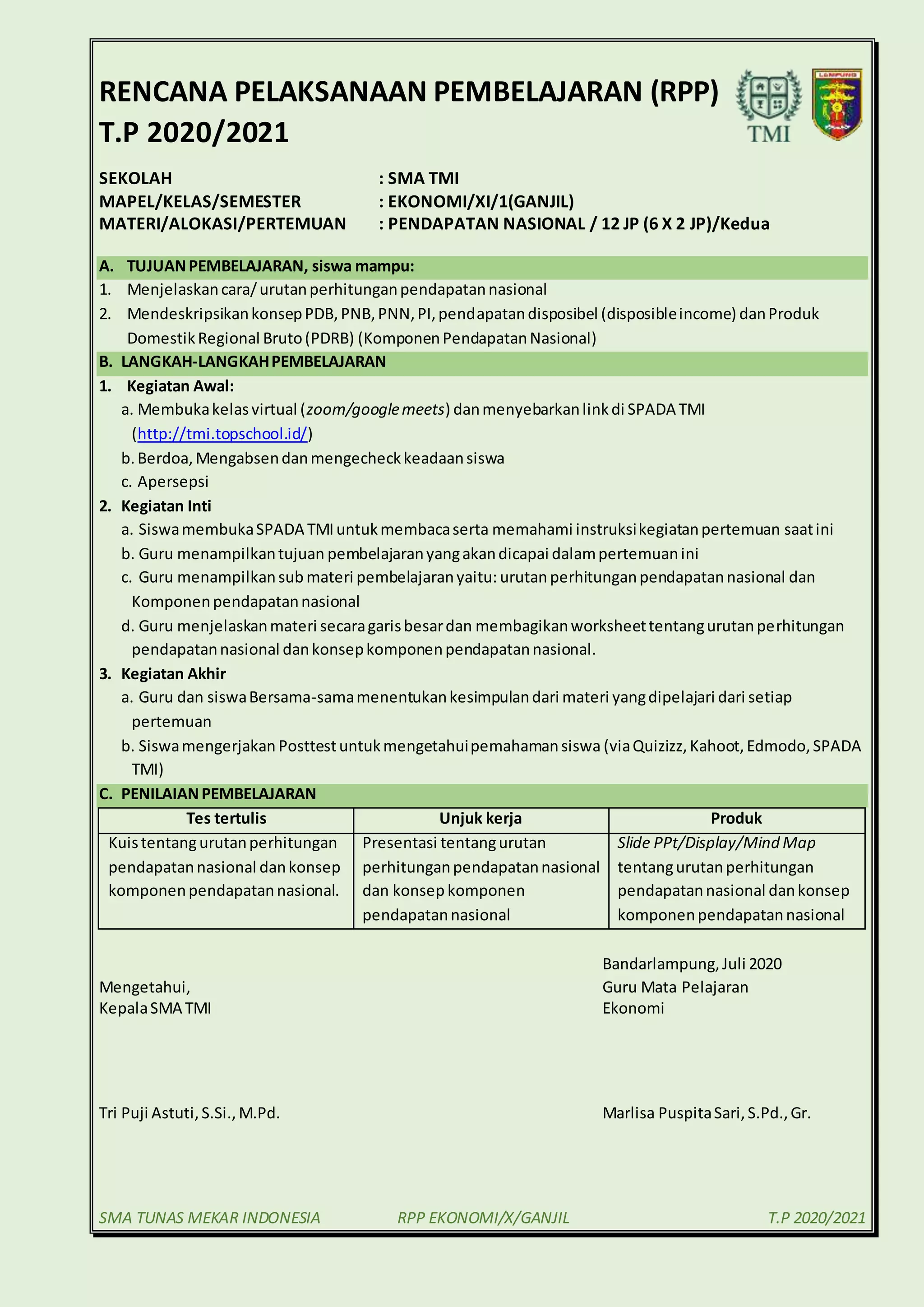 RPP Kd 1 pendapatan nasional | DOCX