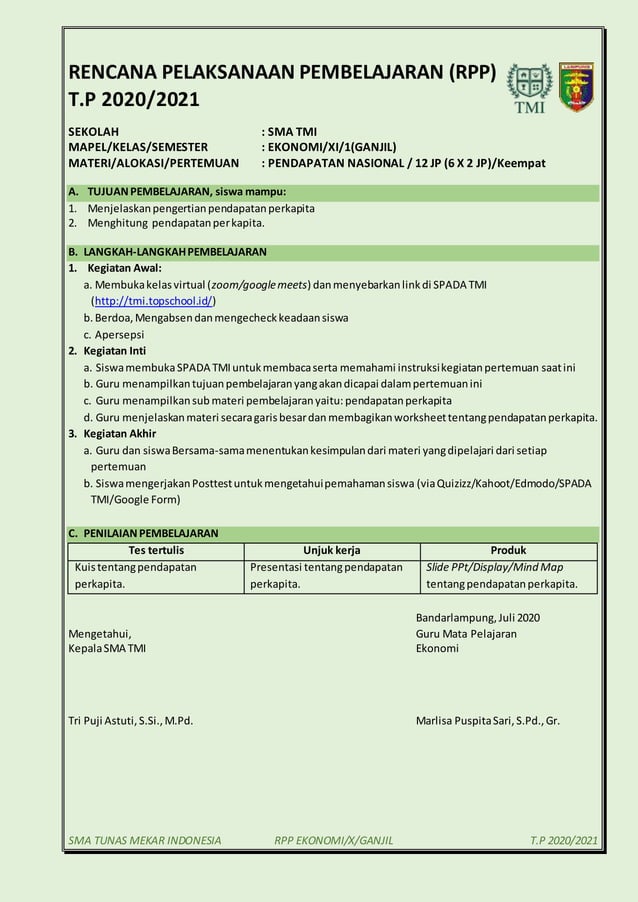 RPP Kd 1 pendapatan nasional | DOCX