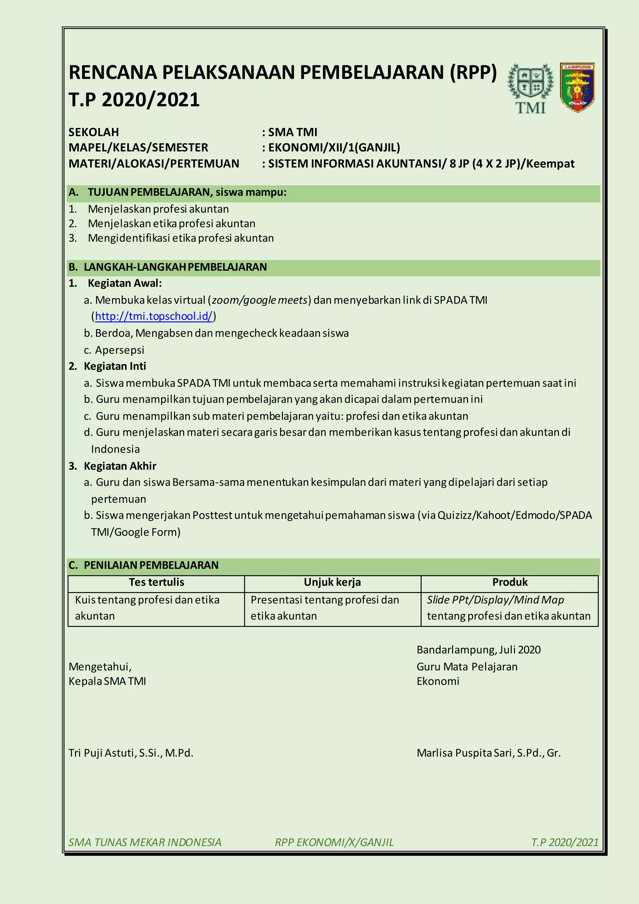 RPP Kd 1 Sistem Akuntansi | PDF