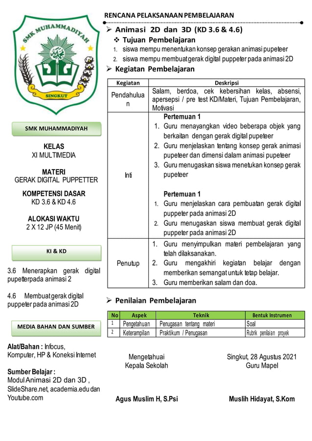 RPP ANIMASI 2D 3D Kd 3.6 | PDF