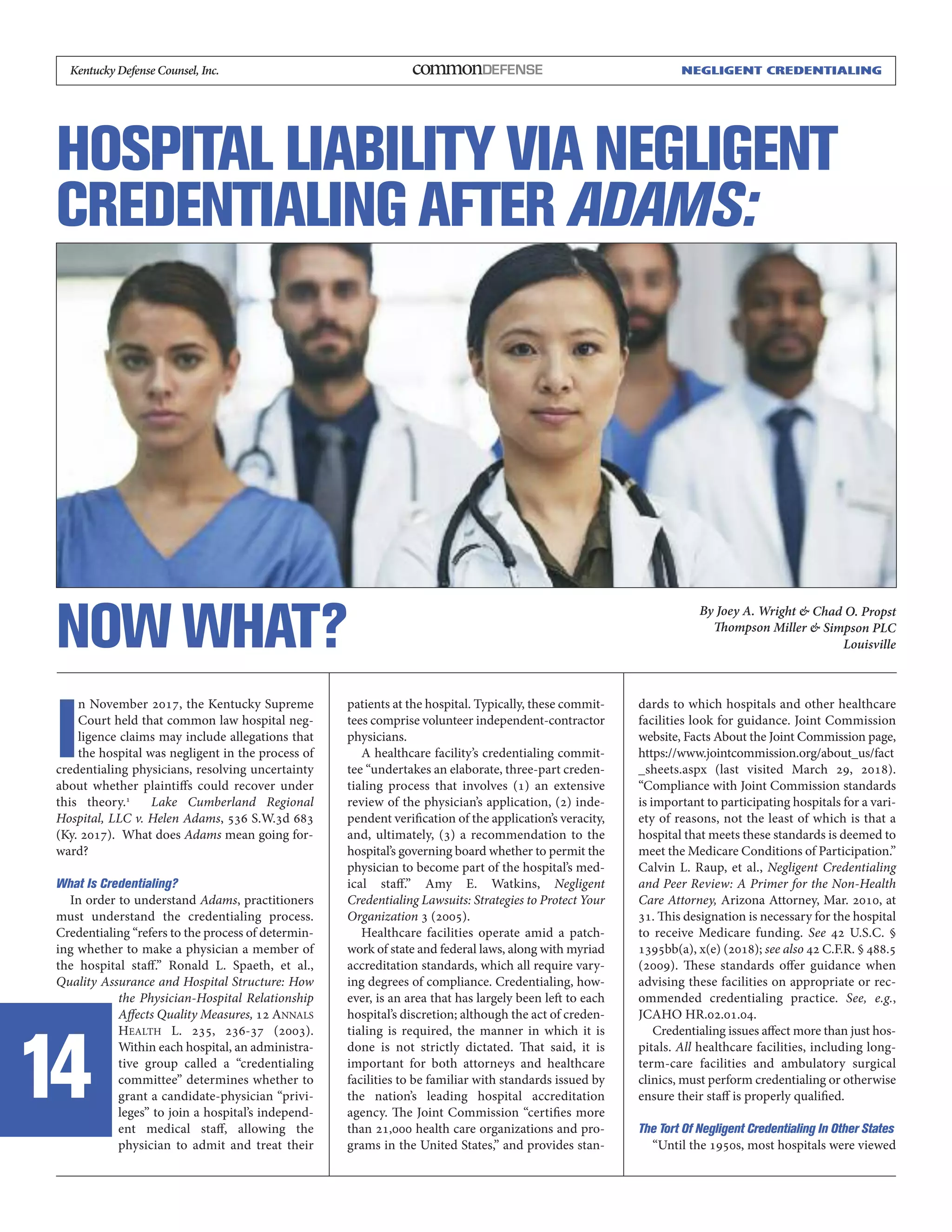 Hospital Liability via Negligent Credentialing After Adams: Now What? | PDF