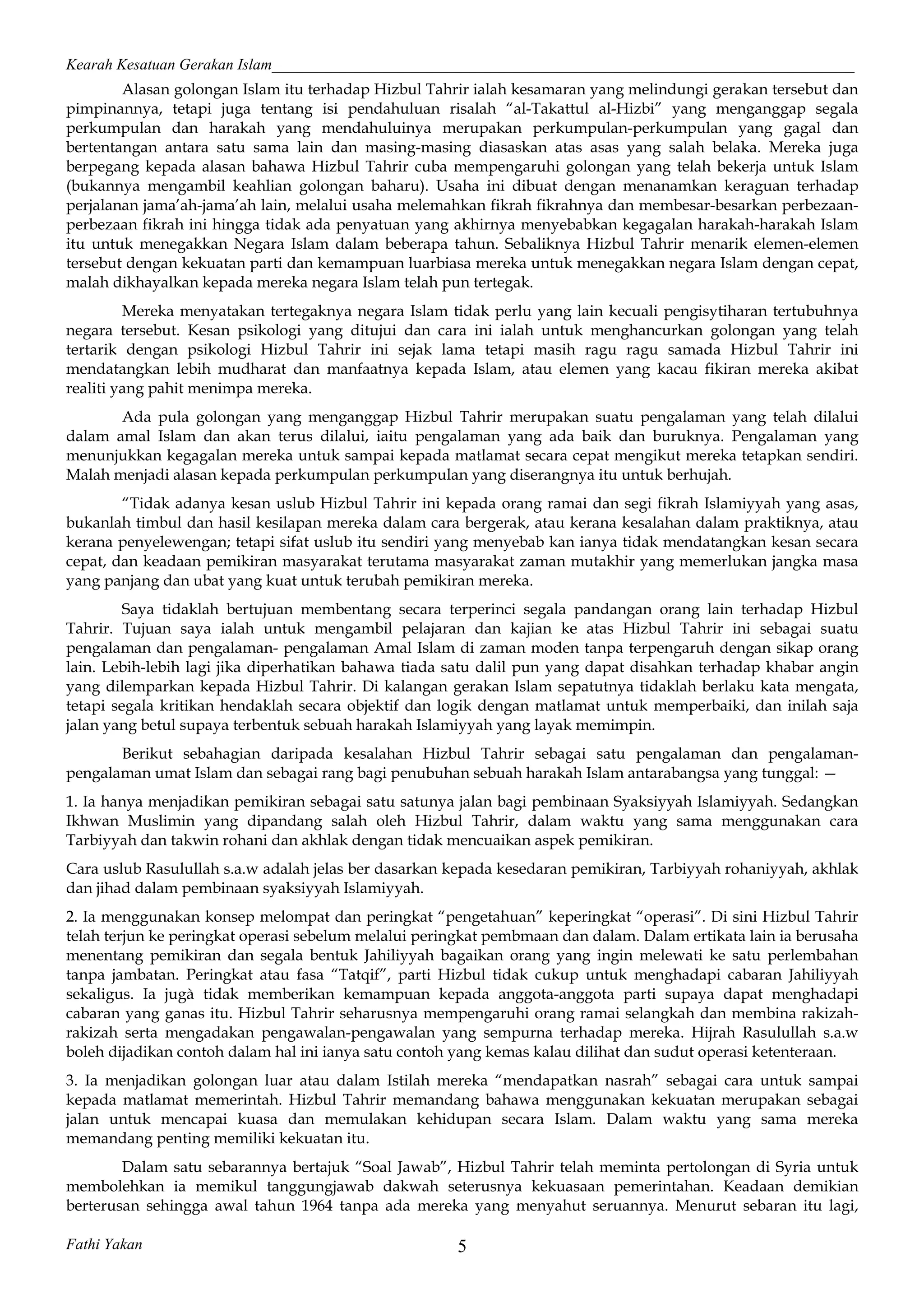 Ke arah kesatuan gerakan islam fathi yakan | PDF