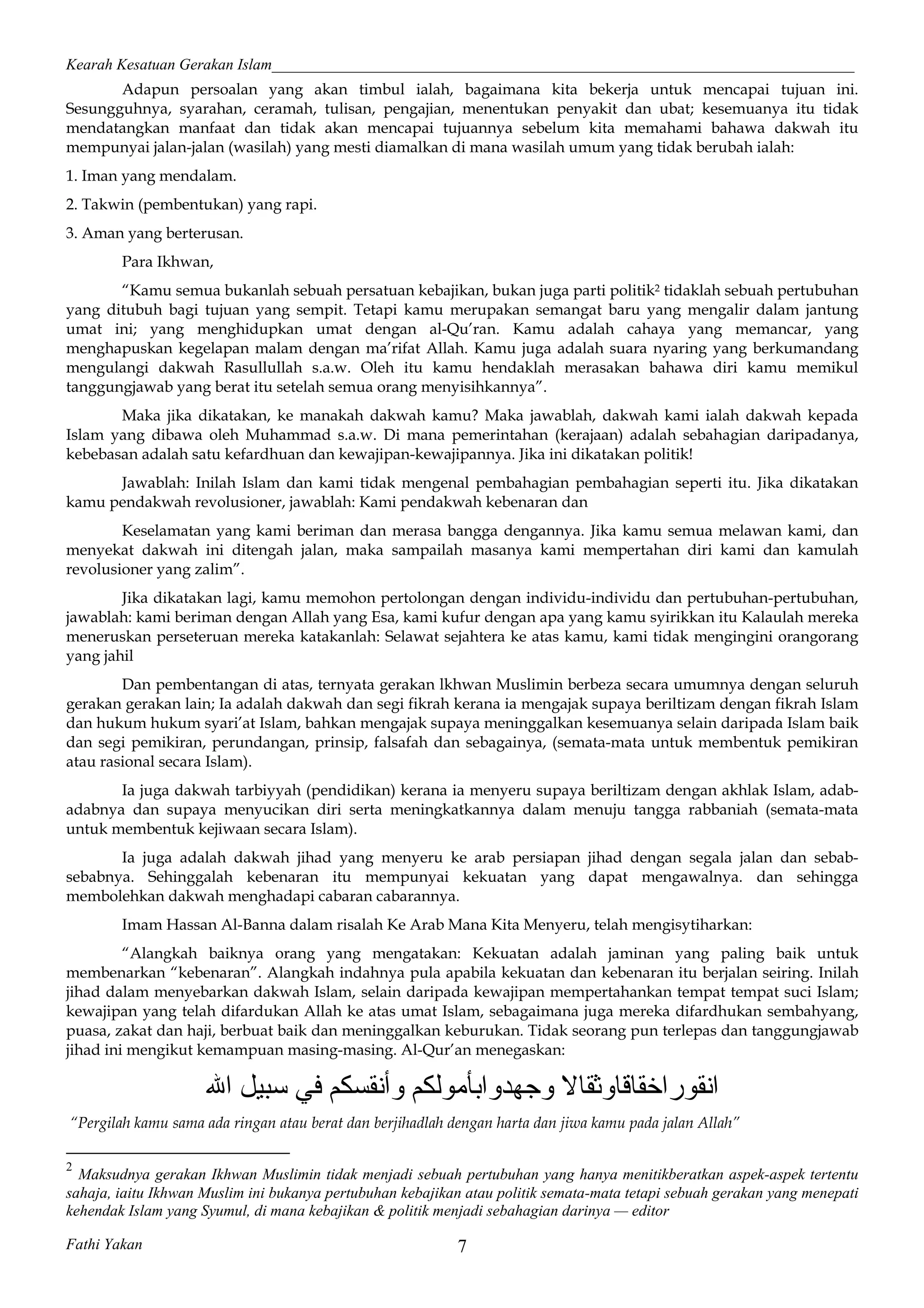 Ke arah kesatuan gerakan islam fathi yakan | PDF