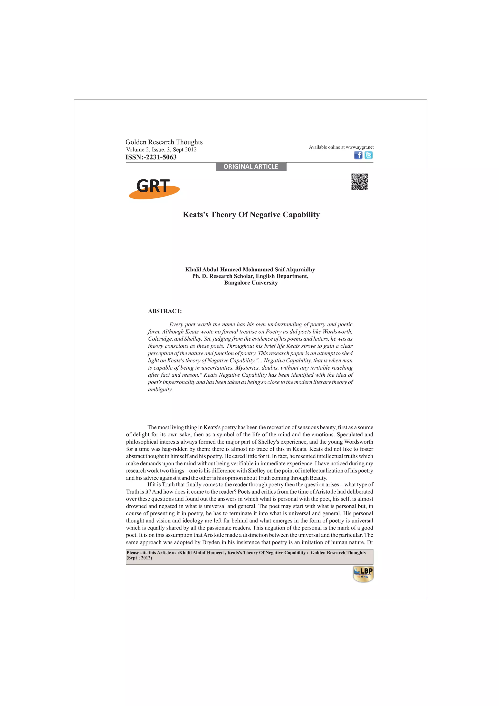 Keats's theory of negative capability | PDF