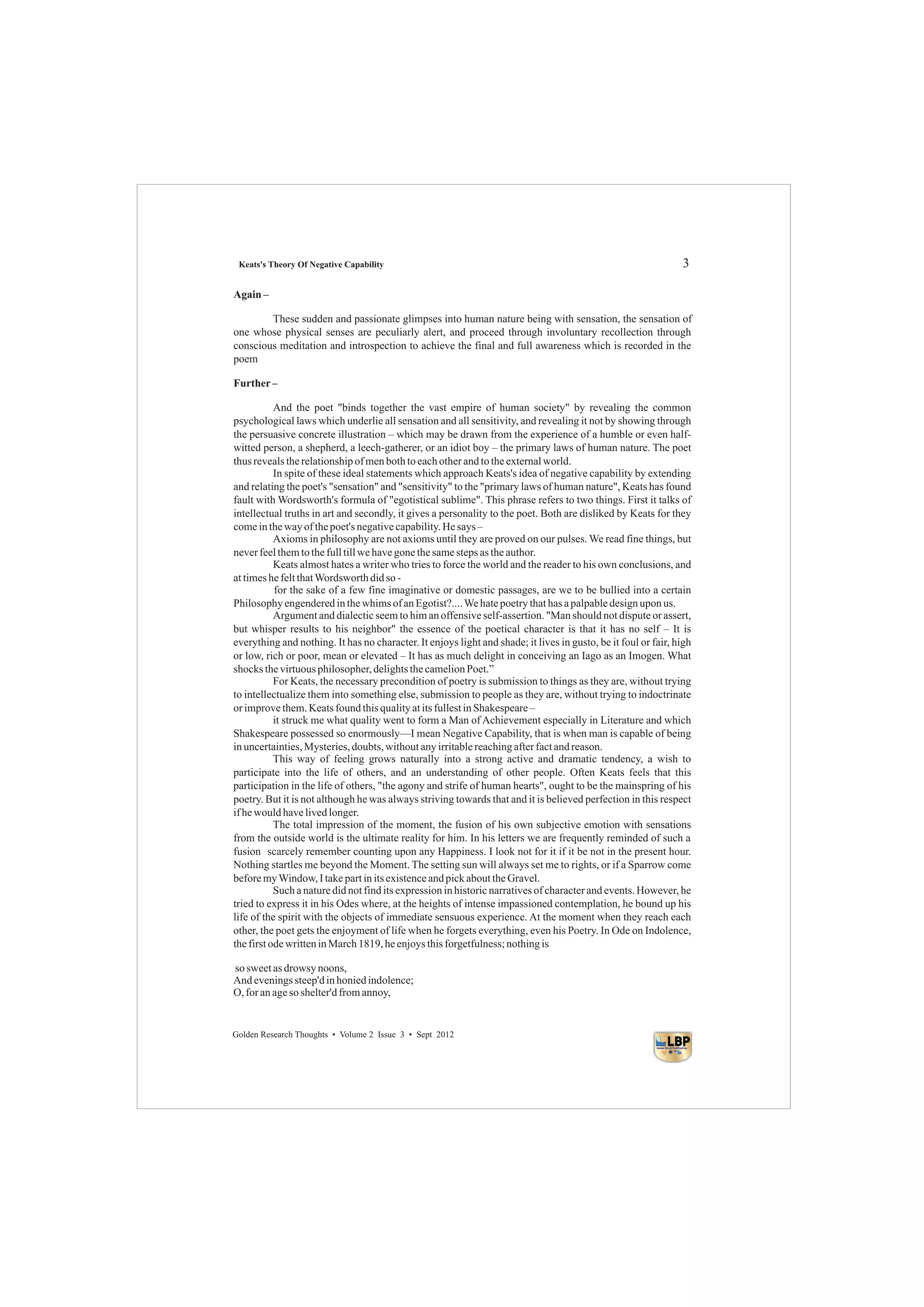 Keats's theory of negative capability | PDF