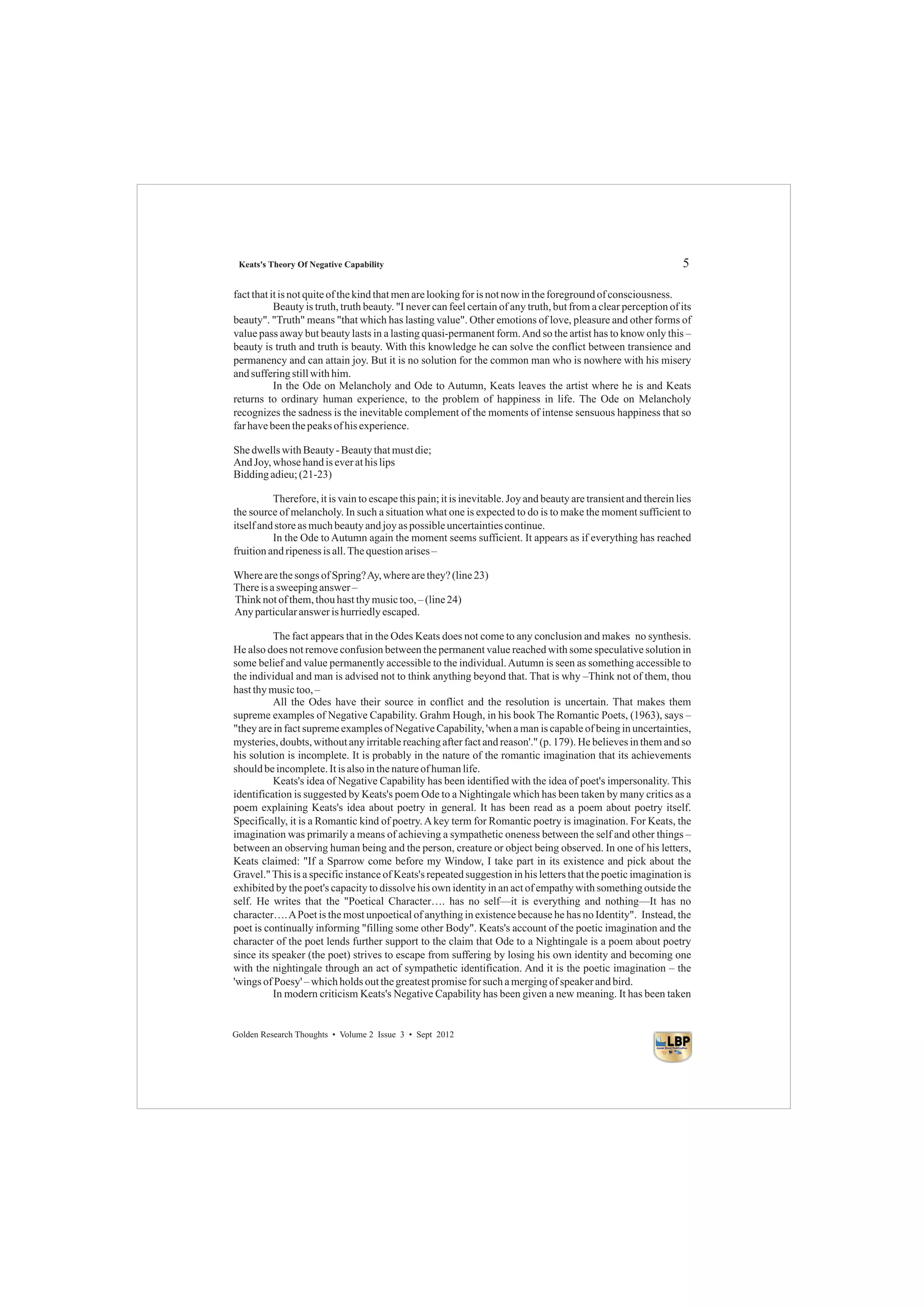 Keats's theory of negative capability | PDF