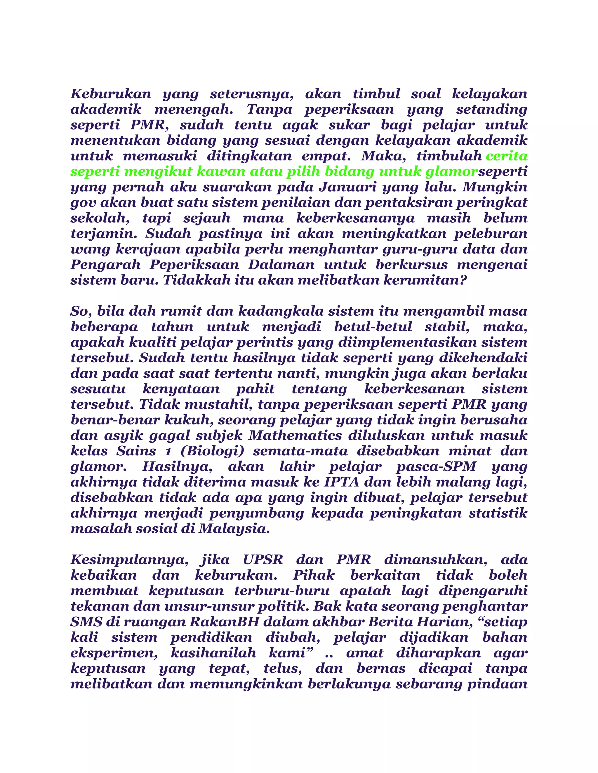 Kebaikan dan keburukan pemansuhan pmr | DOCX