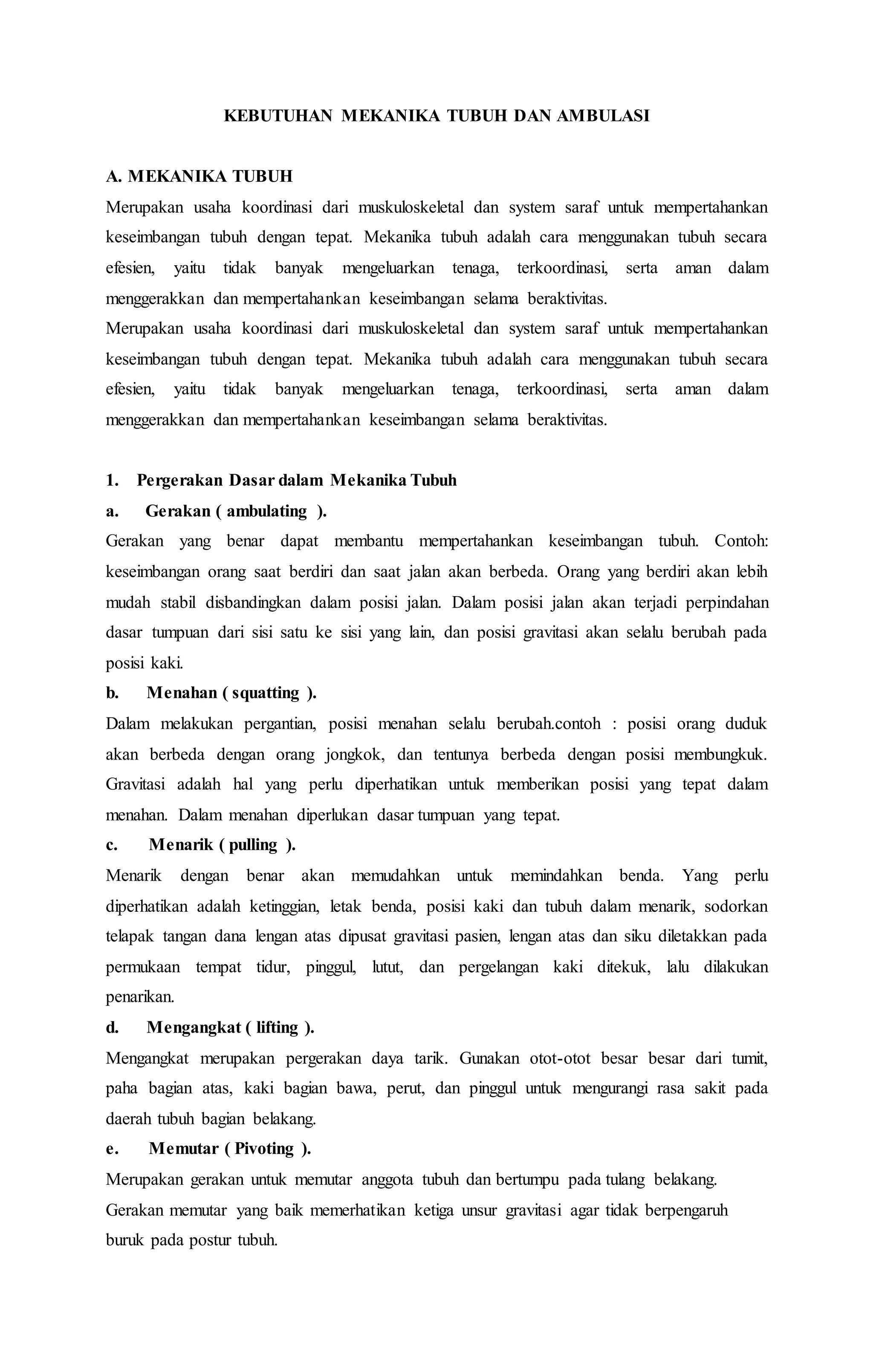 Kebutuhan mekanika tubuh dan ambulasi | DOCX