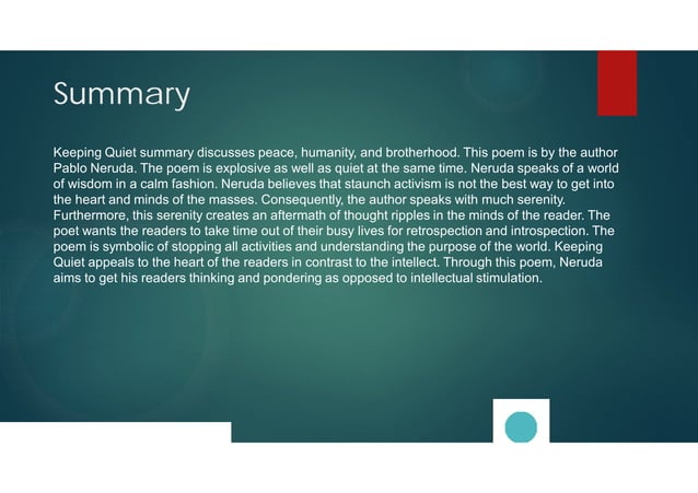 Keeping quiet_Summary.pdf | Poetry | Books and Literature