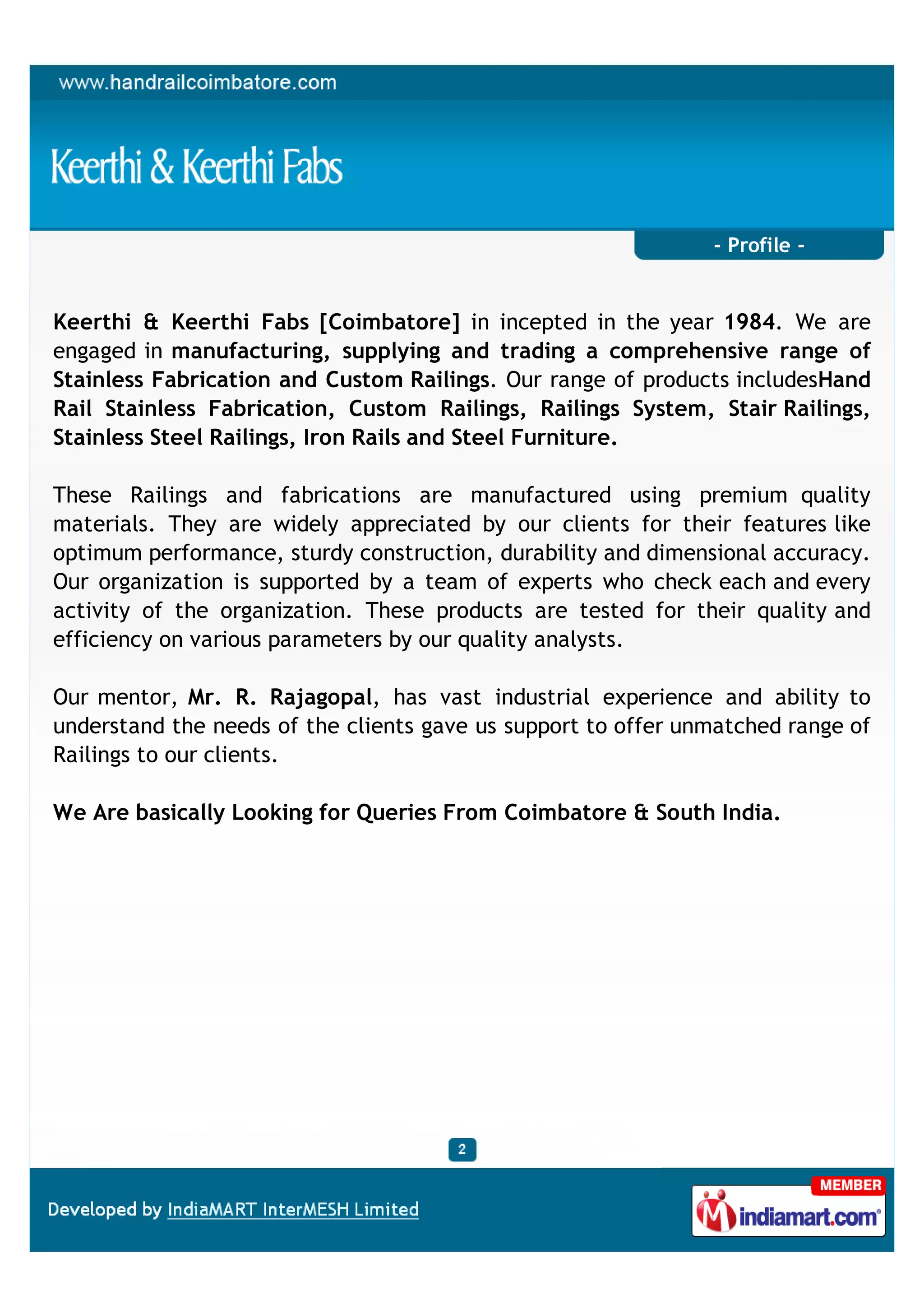 Keerthi & Keerthi Fabs, Coimbatore, Stainless Fabrication and Custom Railings | PDF