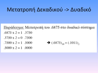 Μετατροπές μεταξύ αριθμητικών συστημάτων (δυαδικό, δεκαδικό κλπ). | ODP