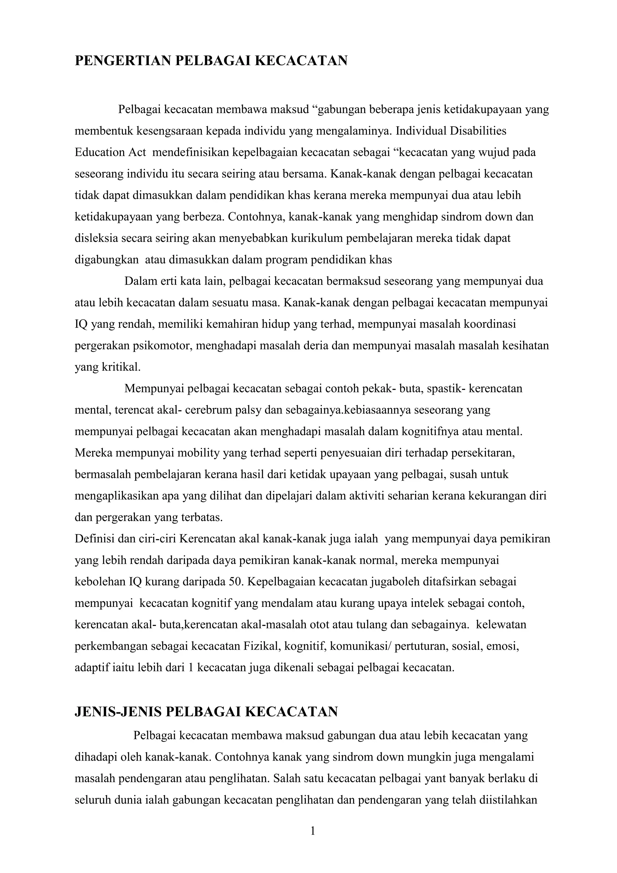 Nota Kuliah - Kanak-kanak Kecacatan Pelbagai | DOCX