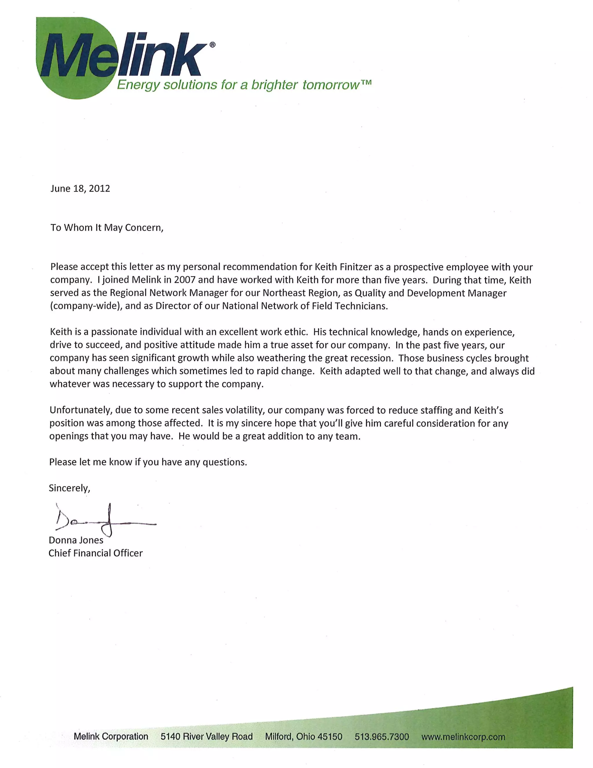 Keith a Finitzer letter of recommendation from Donna Jones Chief ...