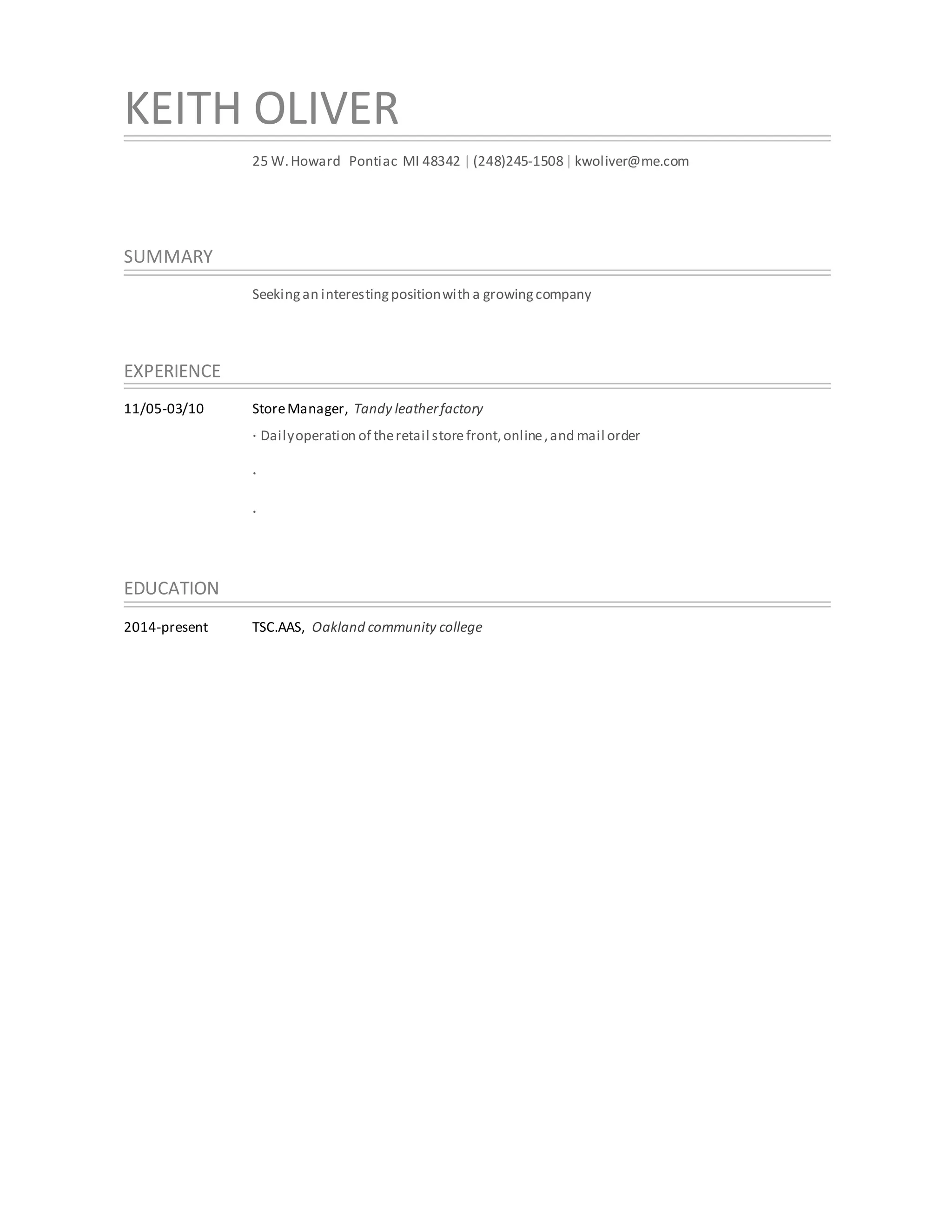 Keith oliver resume | DOCX