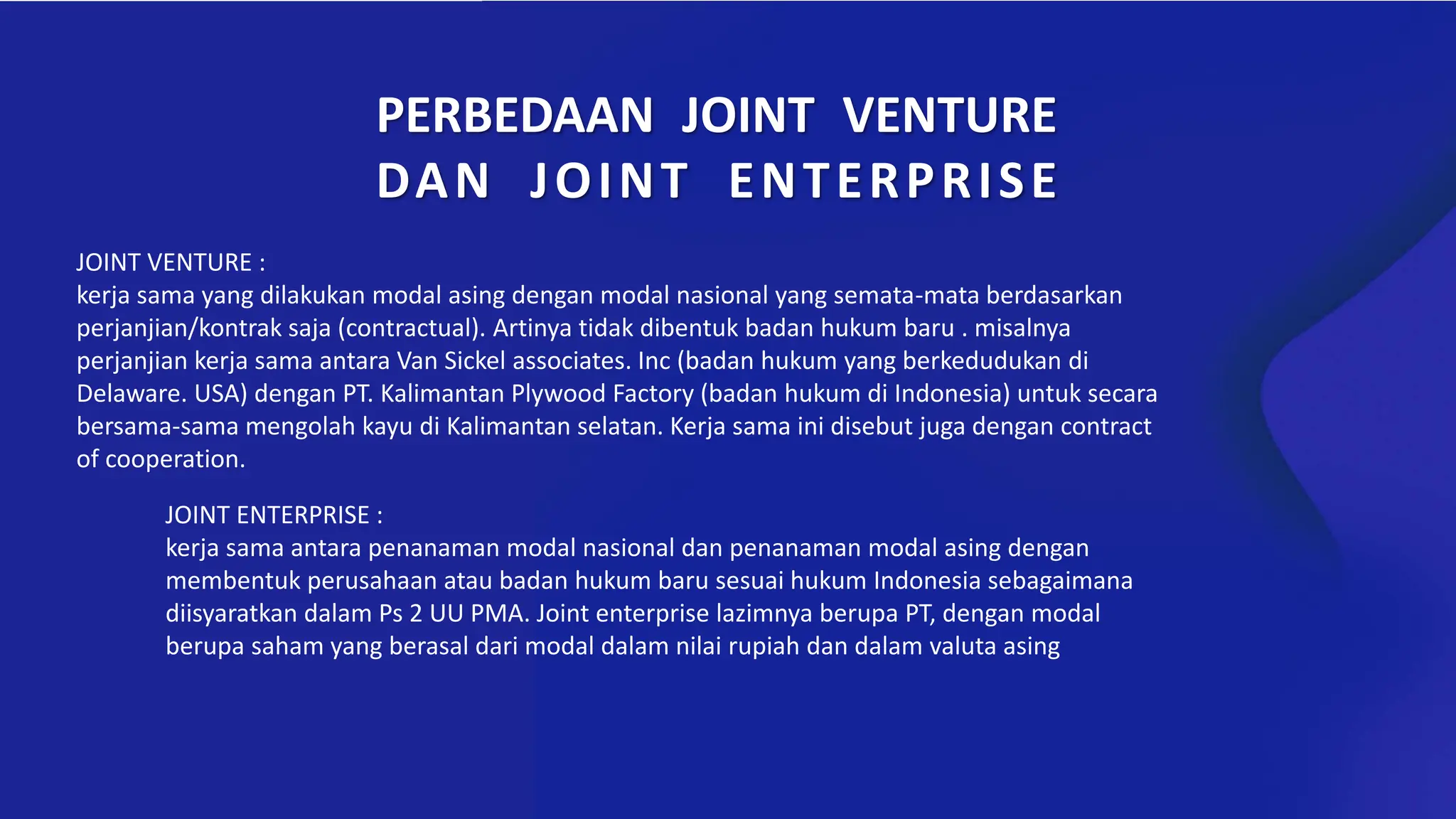 CONTOH MAKALAH JOINT VENTURE DAN ENTERPRISE DALAM HUKUM INVESTASI | PPTX