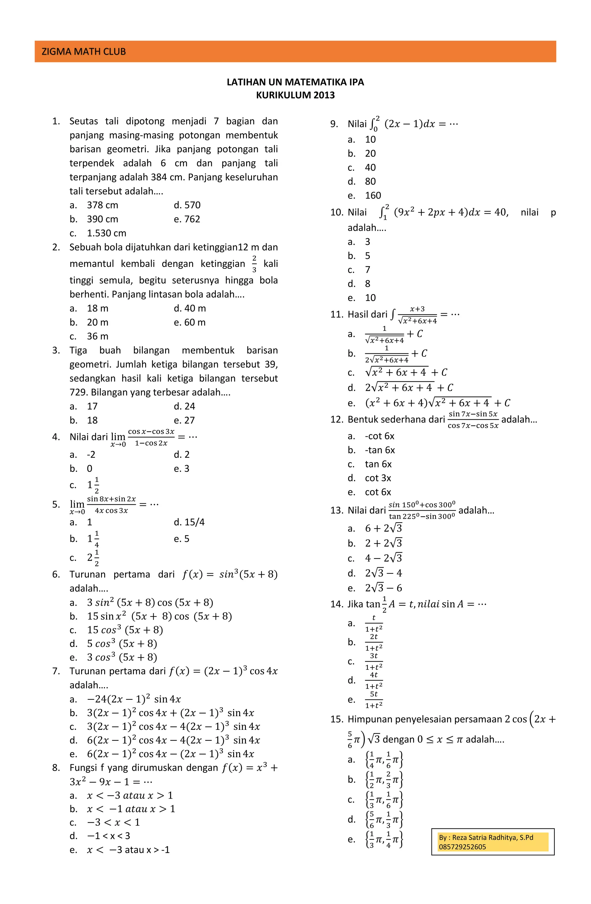 SOAL LATIHAN MATEMATIKA IPA KURIKULUM 2013 | PDF