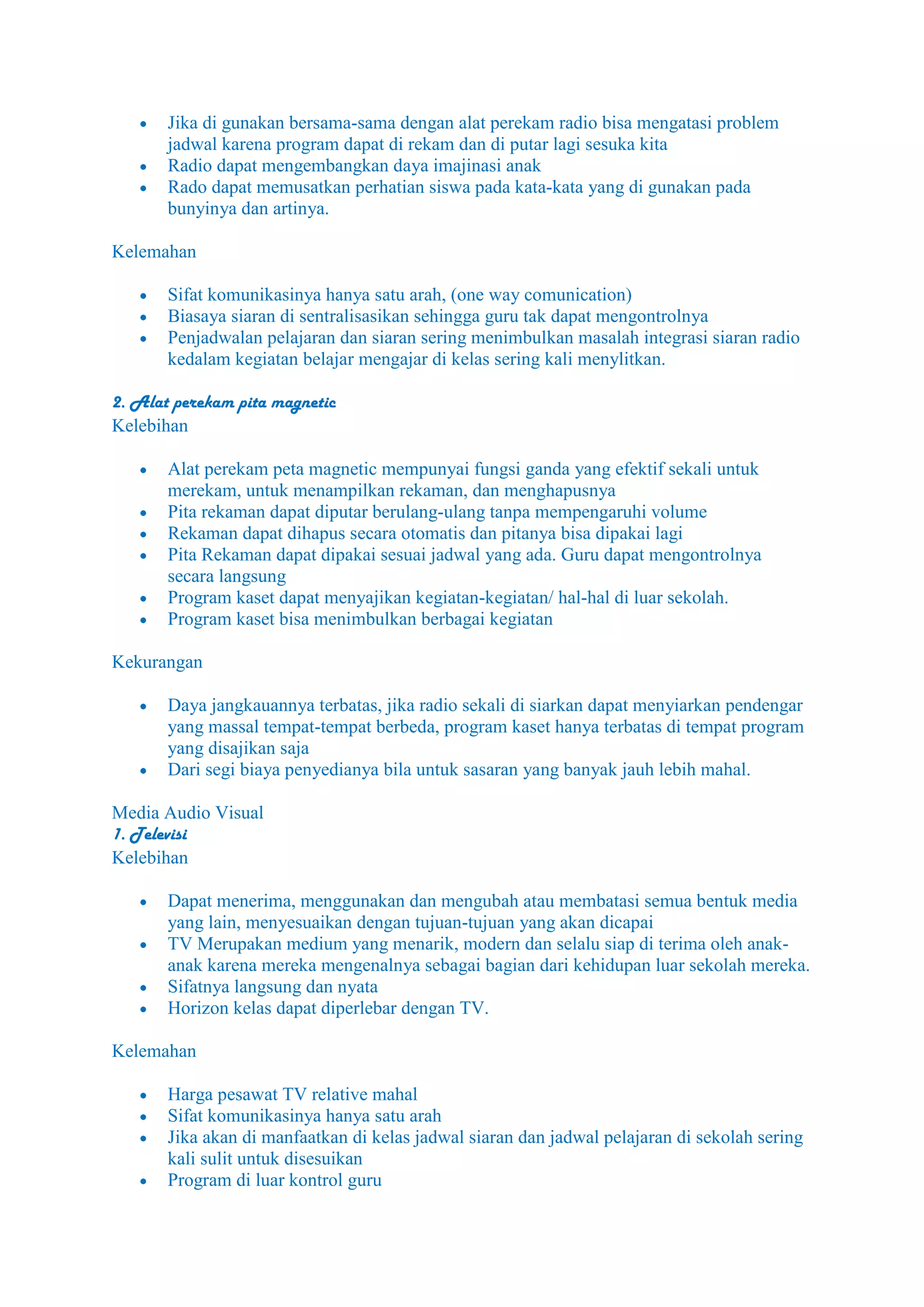Kelebihan dan kekurangan jenis media pembelajaran | PDF