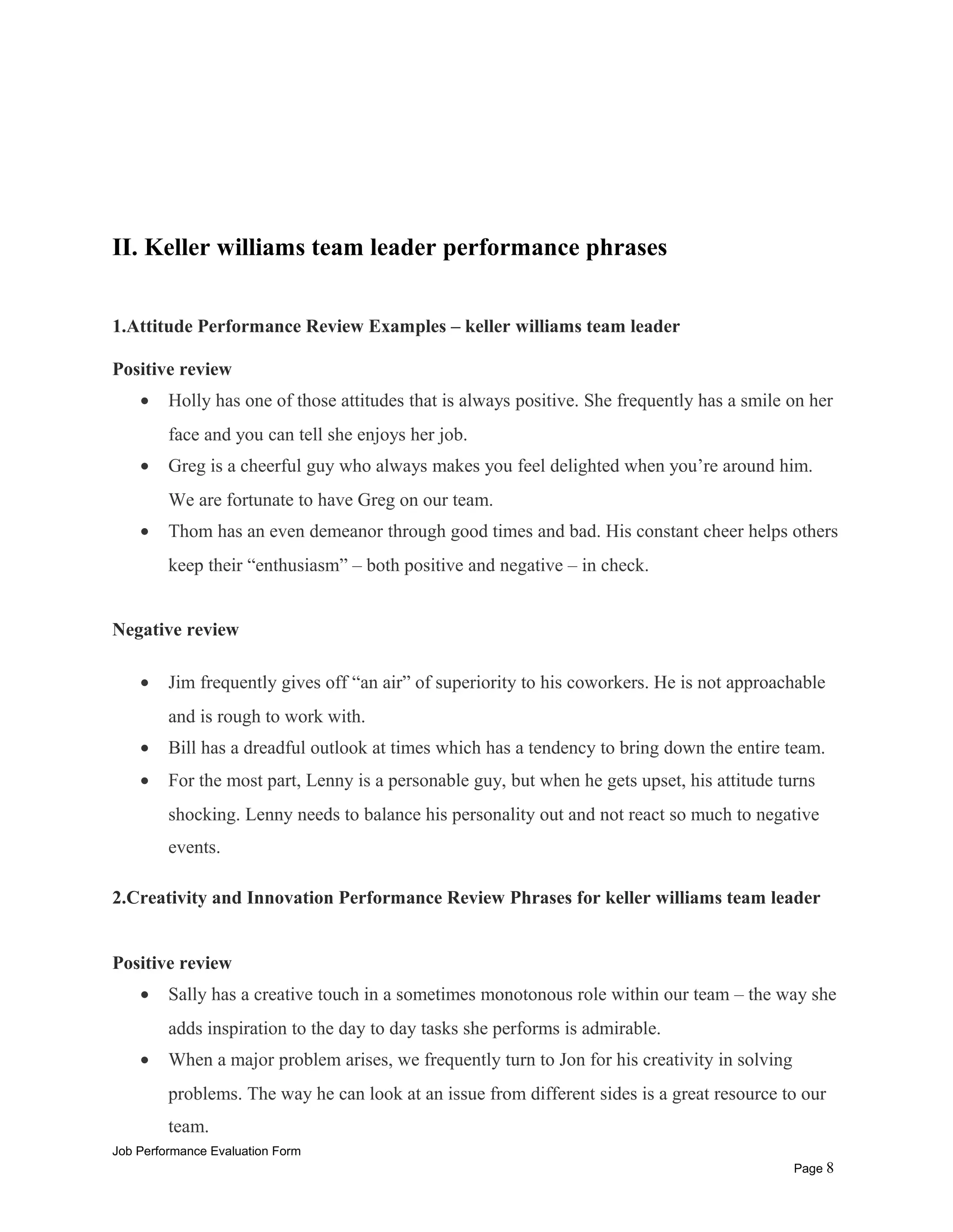 Keller williams team leader performance appraisal | DOC