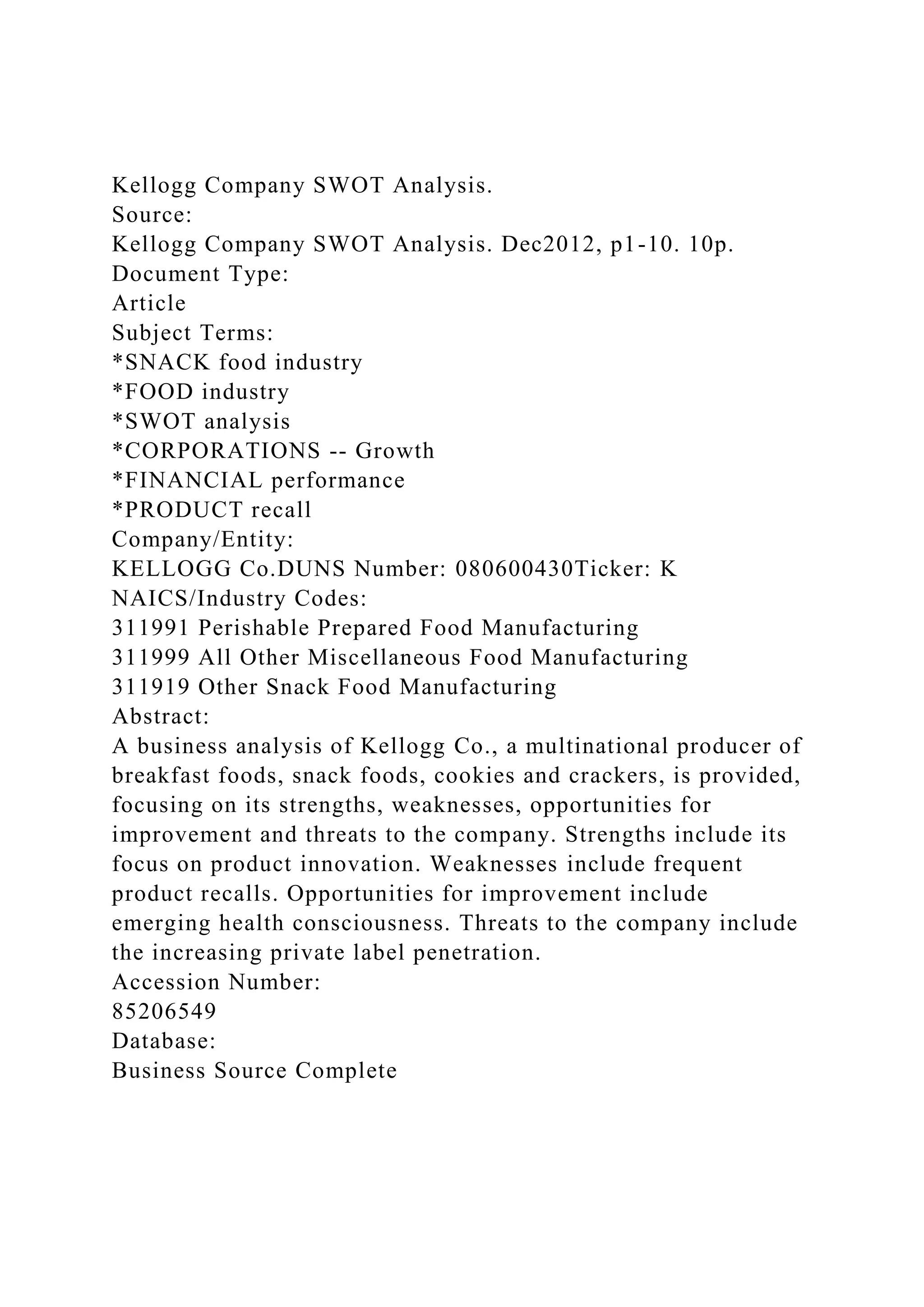 Kellogg Company Swot Analysis Sourcekellogg Company Swot Ana Docx