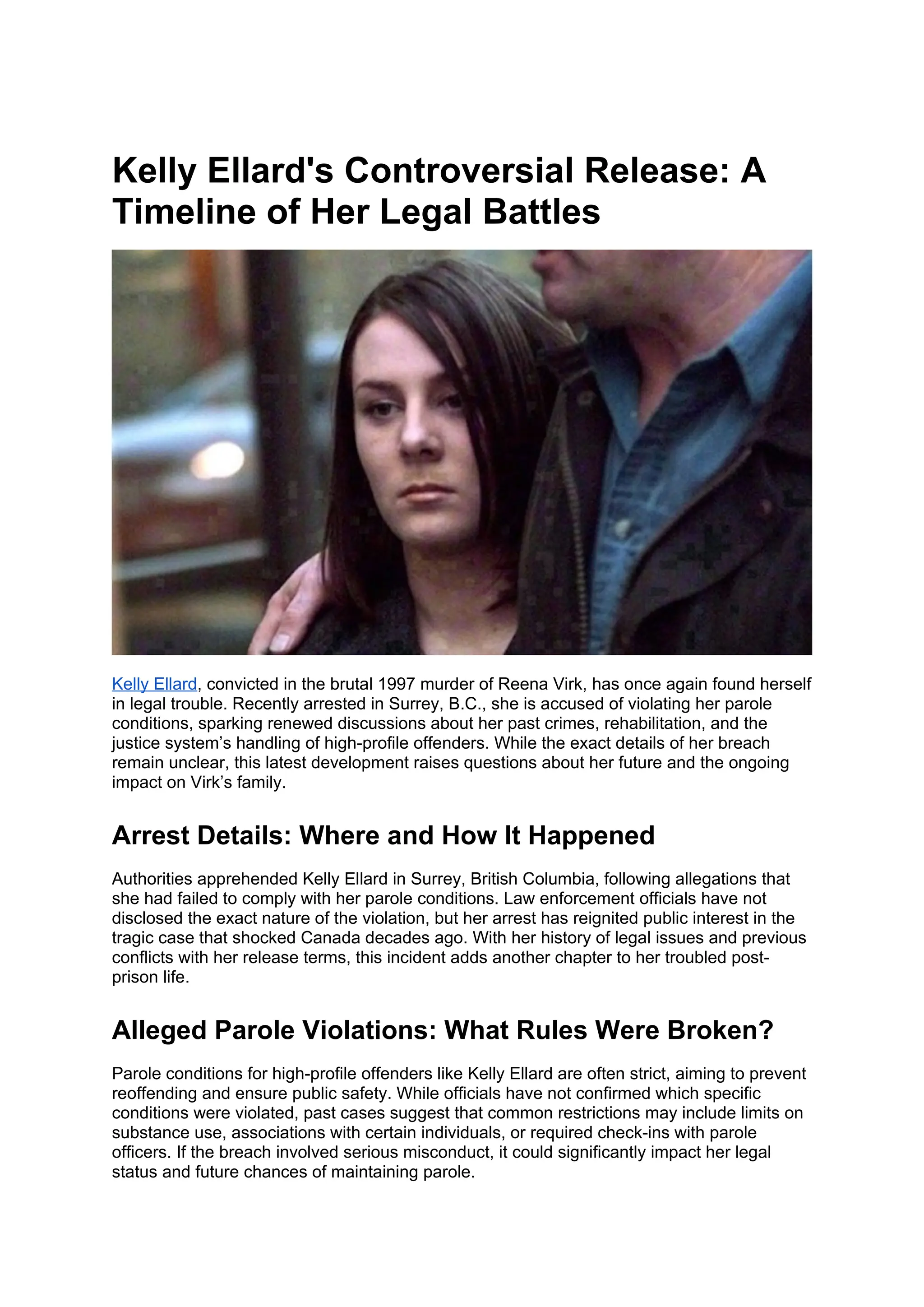 Kelly Ellard's Controversial Release: A Timeline of Her Legal Battles | PDF
