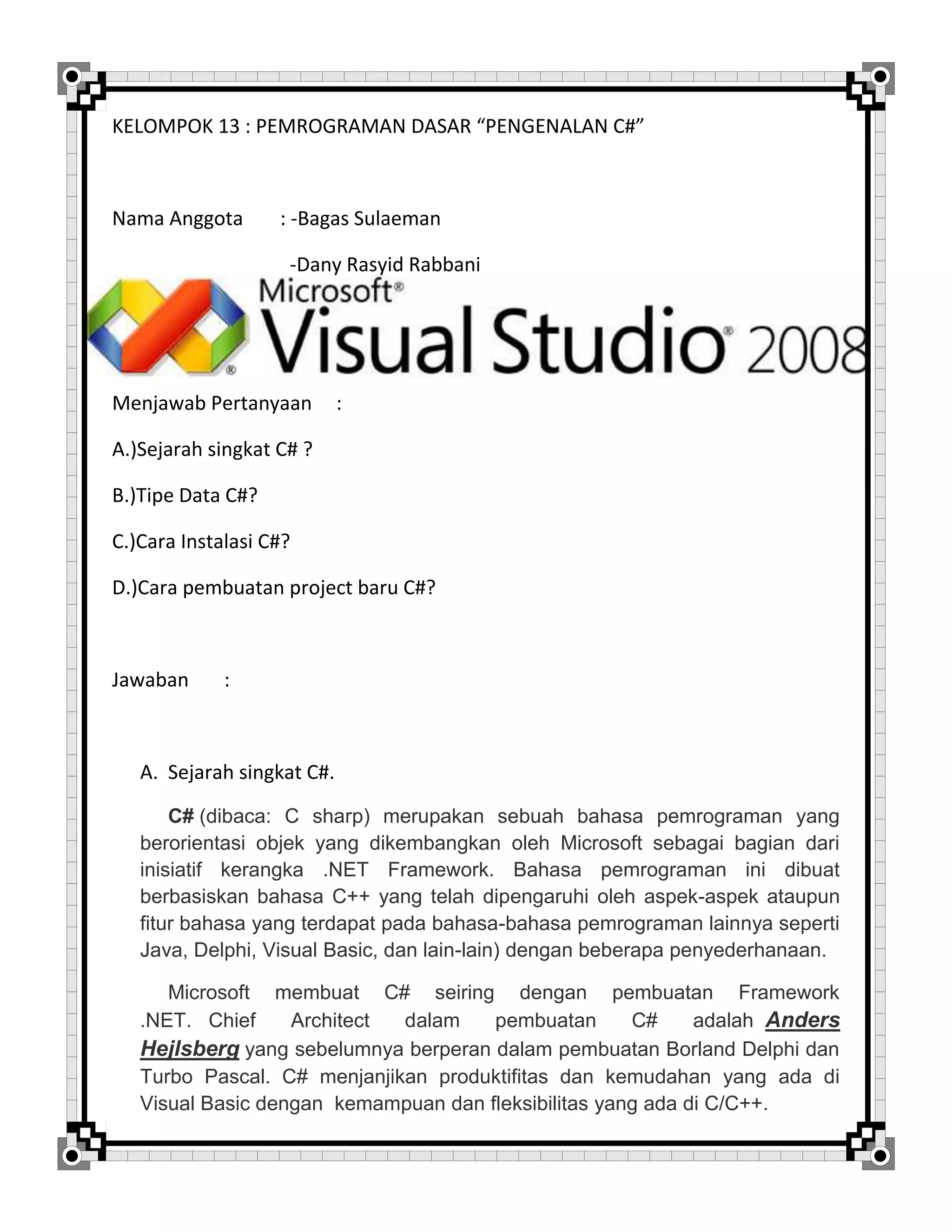 Pemrograman Dasar Pengenalan C# | DOCX