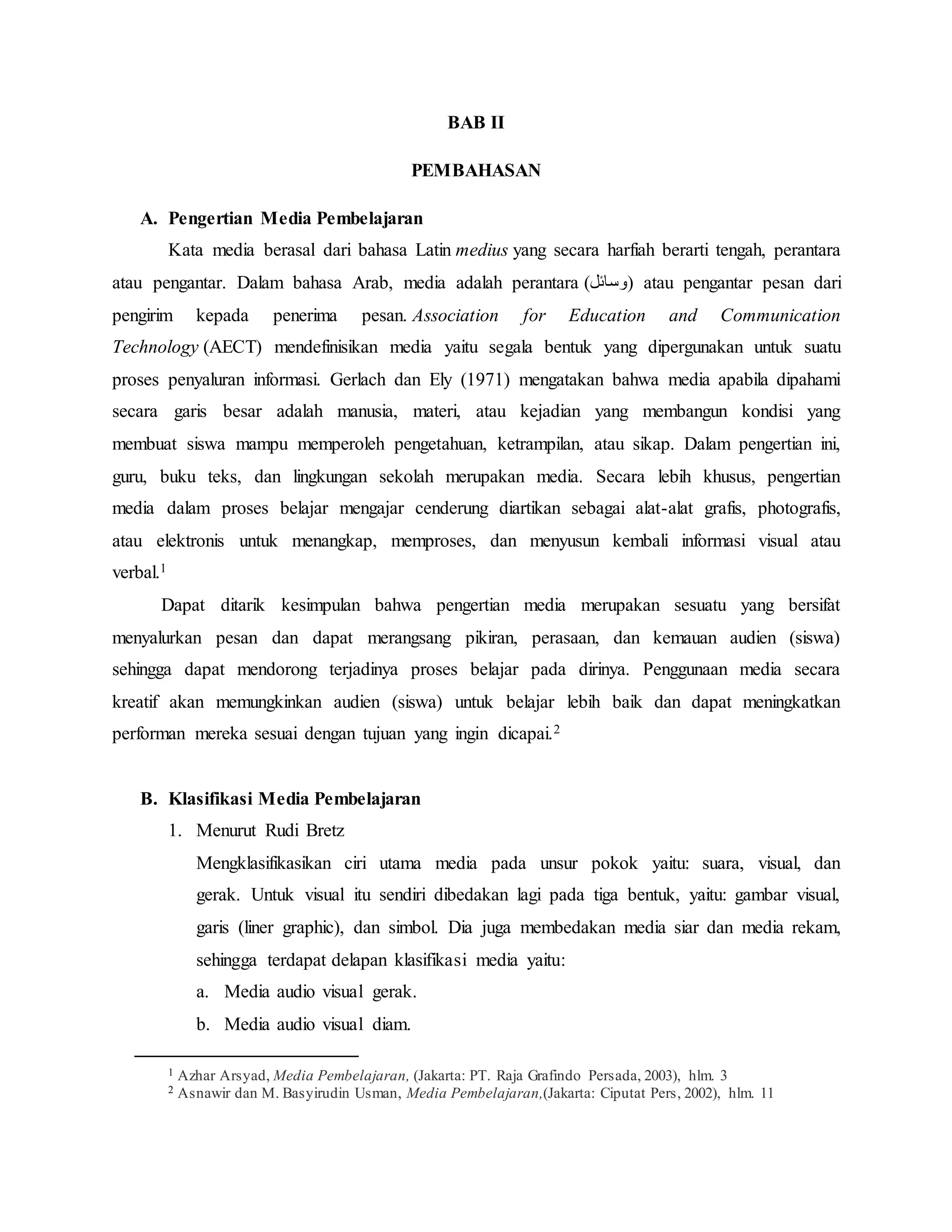 Klasifikasi dan karakteristik media pembelajaran | DOCX