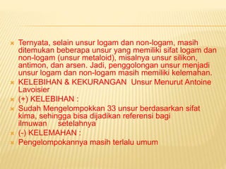 Kelompok 5 sejarah perkembangan sistem periodik unsur (spu) | PPTX