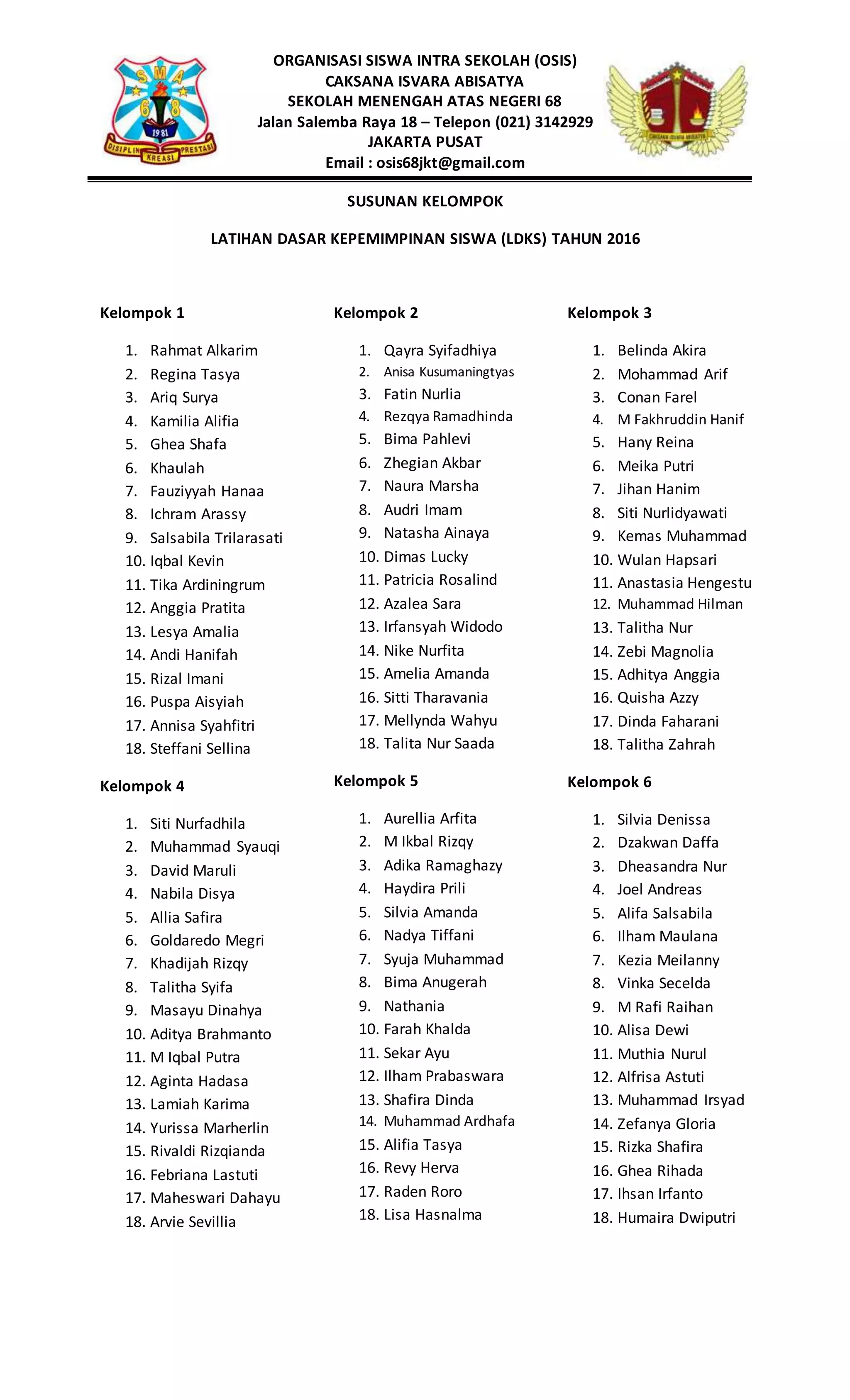 Kelompok LDKS Tahun 2016 | DOCX