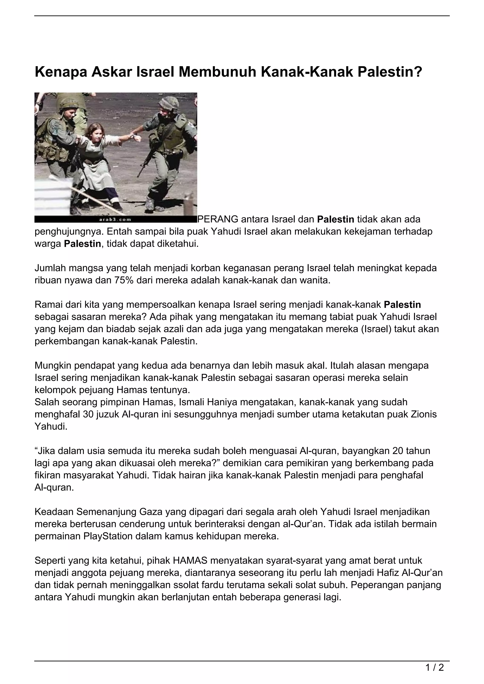 Kenapa Askar Israel Membunuh Kanak-Kanak Palestin? | PDF