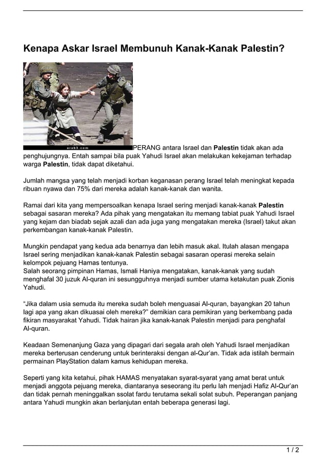 Kenapa Askar Israel Membunuh Kanak-Kanak Palestin? | PDF