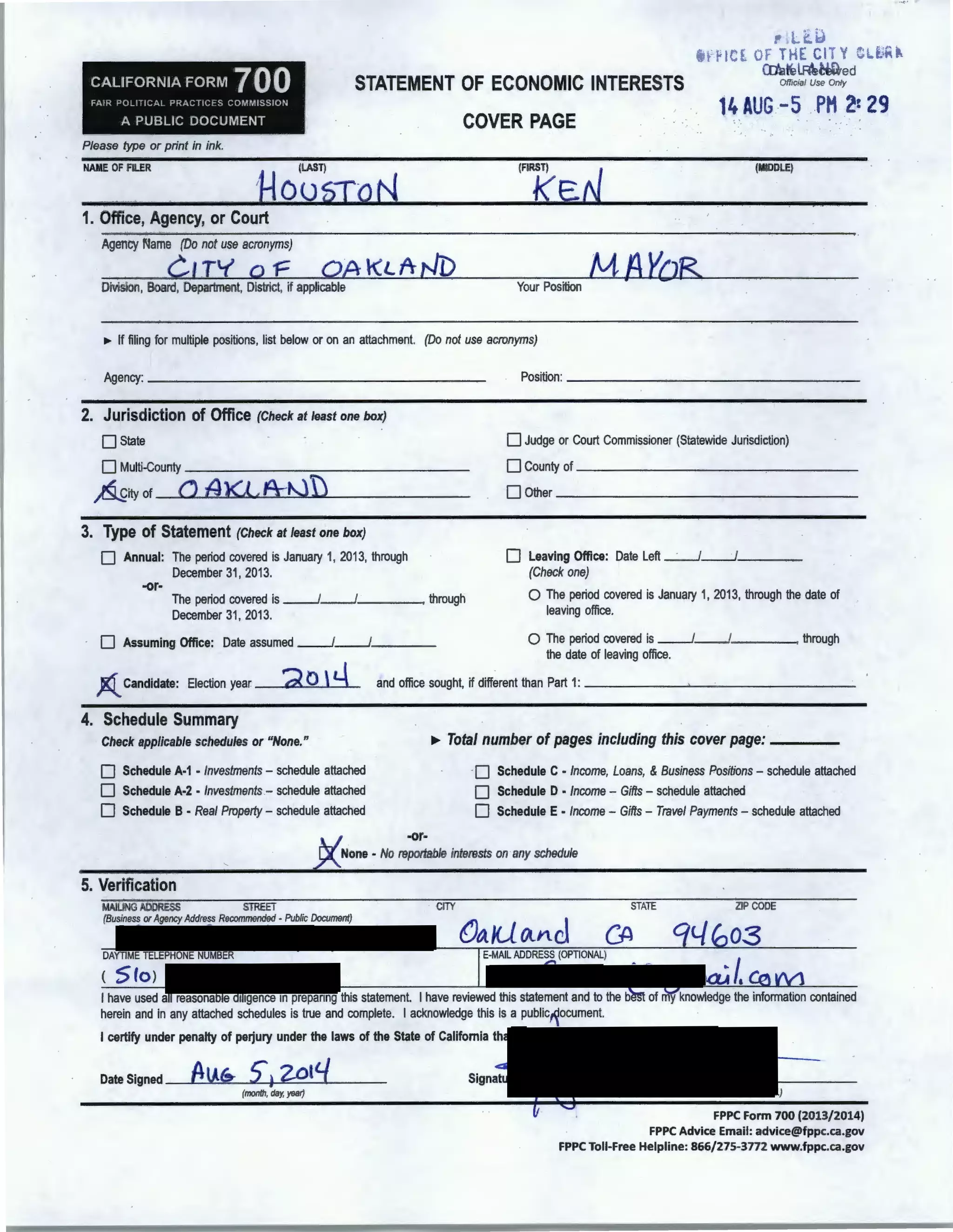 Ken Houston - Form 700, Statement of Financial Interests | PDF