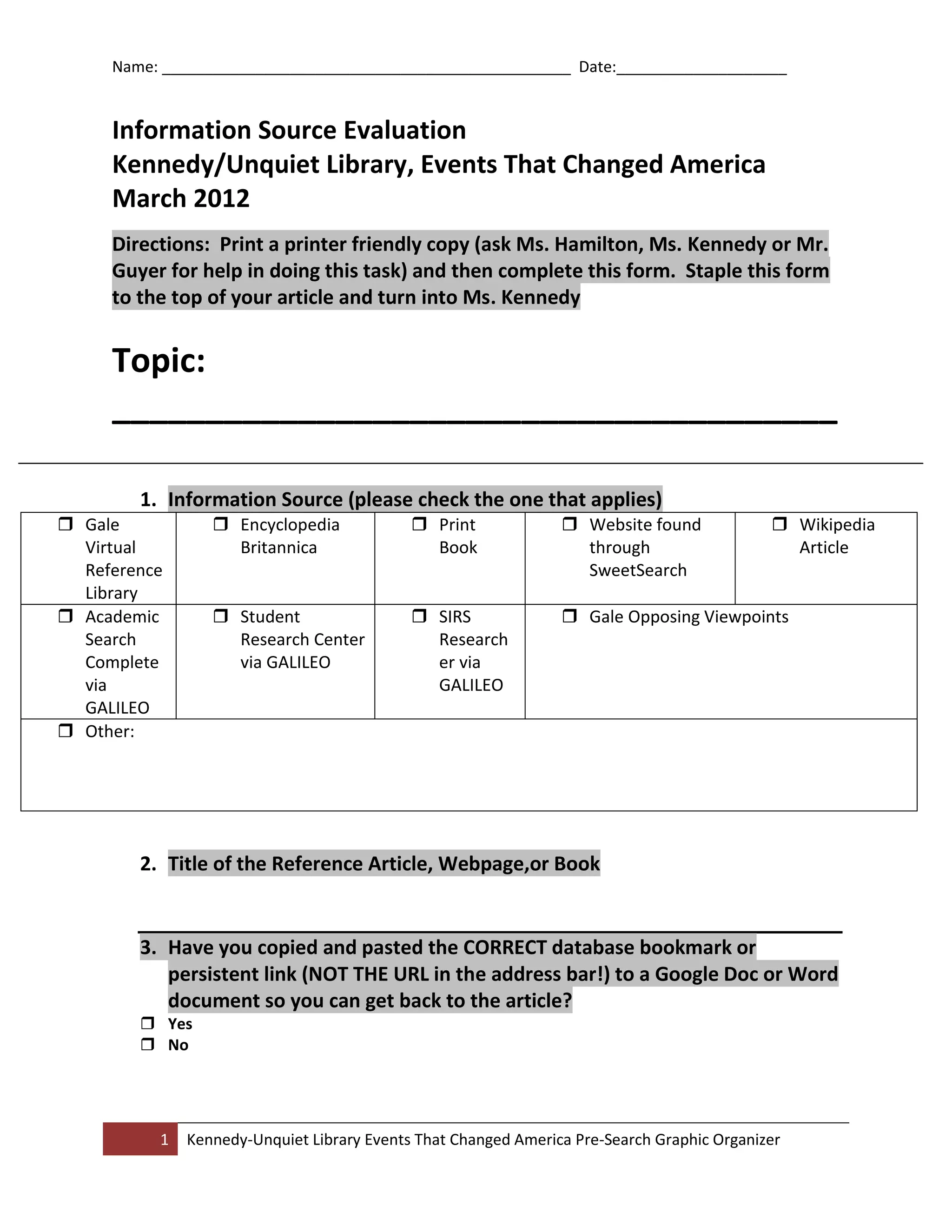 Kennedy and Unquiet Library Pre-Search Graphic Organizer Spring 2012 ...