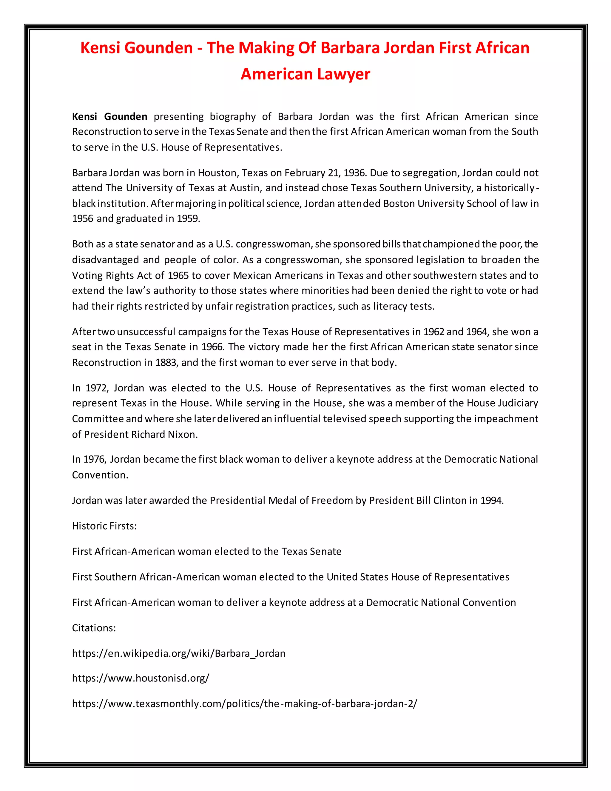 Kensi gounden- The Making of Barbara Jordan First African American ...