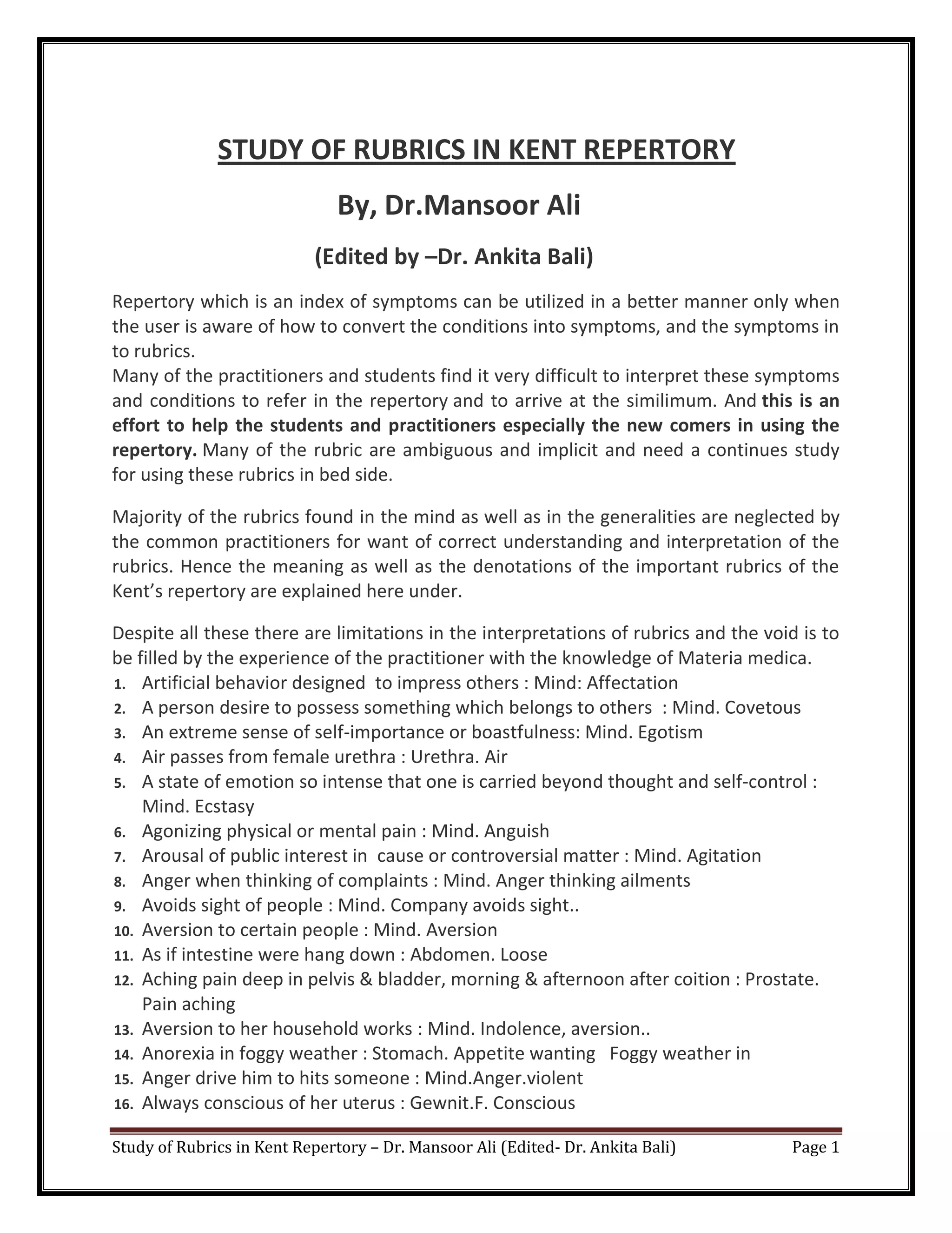 Study of Rubrics in Kent Repertory | PDF