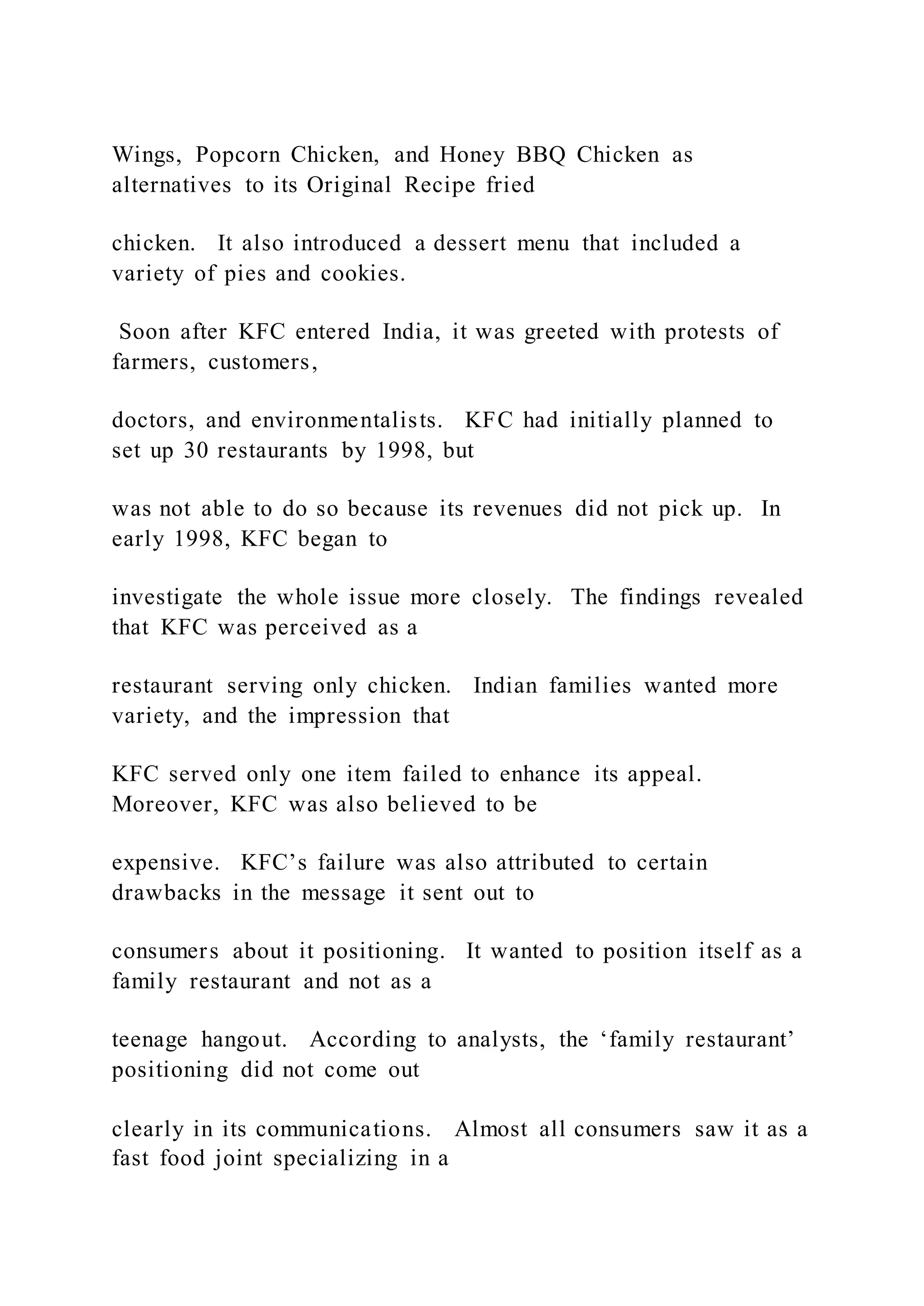 KENTUCKY FRIED CHICKEN CASE STUDY OF KFC | DOCX