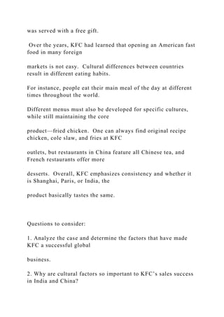 KENTUCKY FRIED CHICKEN CASE STUDY OF KFC .docx | Food Industry | Industries