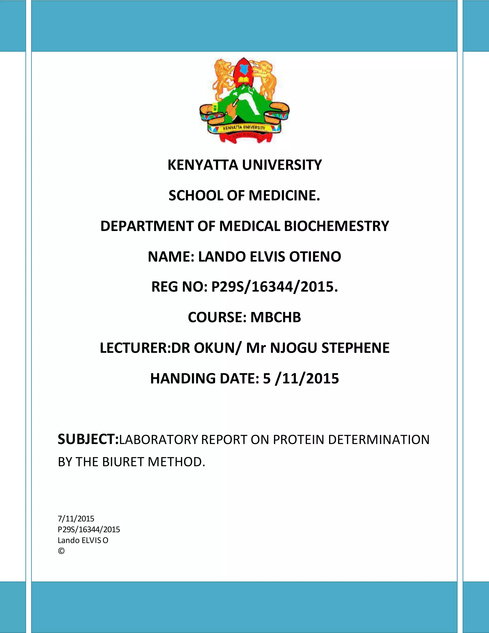 Kenyatta university biuret protein determination | DOCX